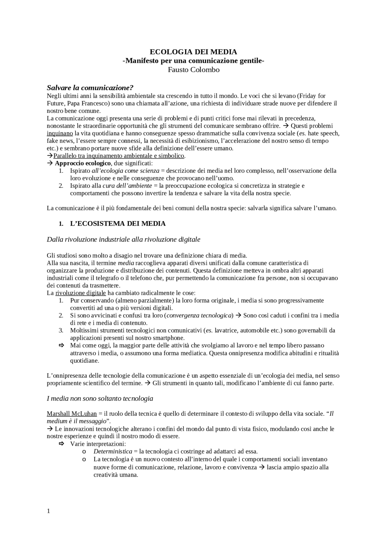 Ecologia Dei Media Fausto Colombo Sintesi Del Corso Di Scienze