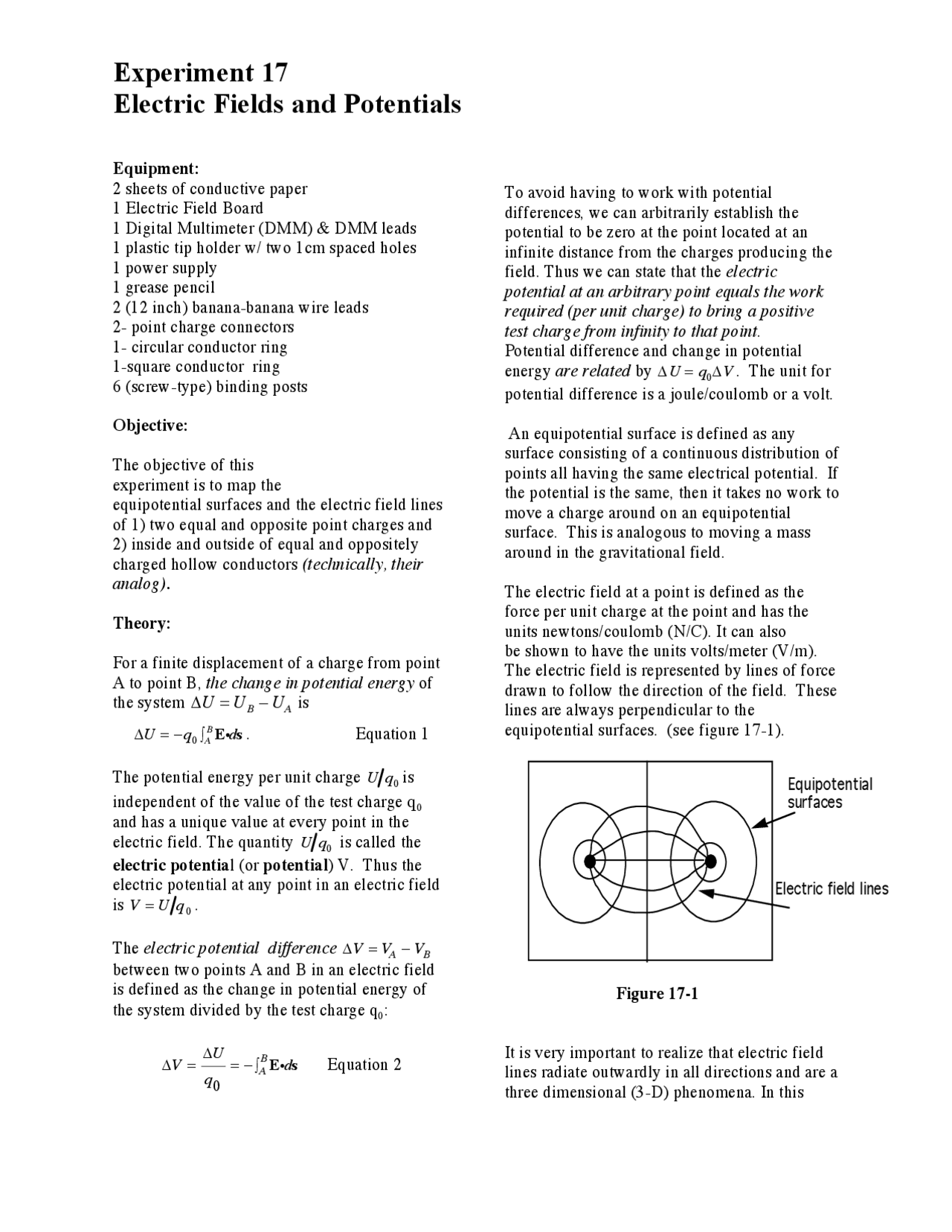 Experiment 17 Electric Fields And Potentials Docsity