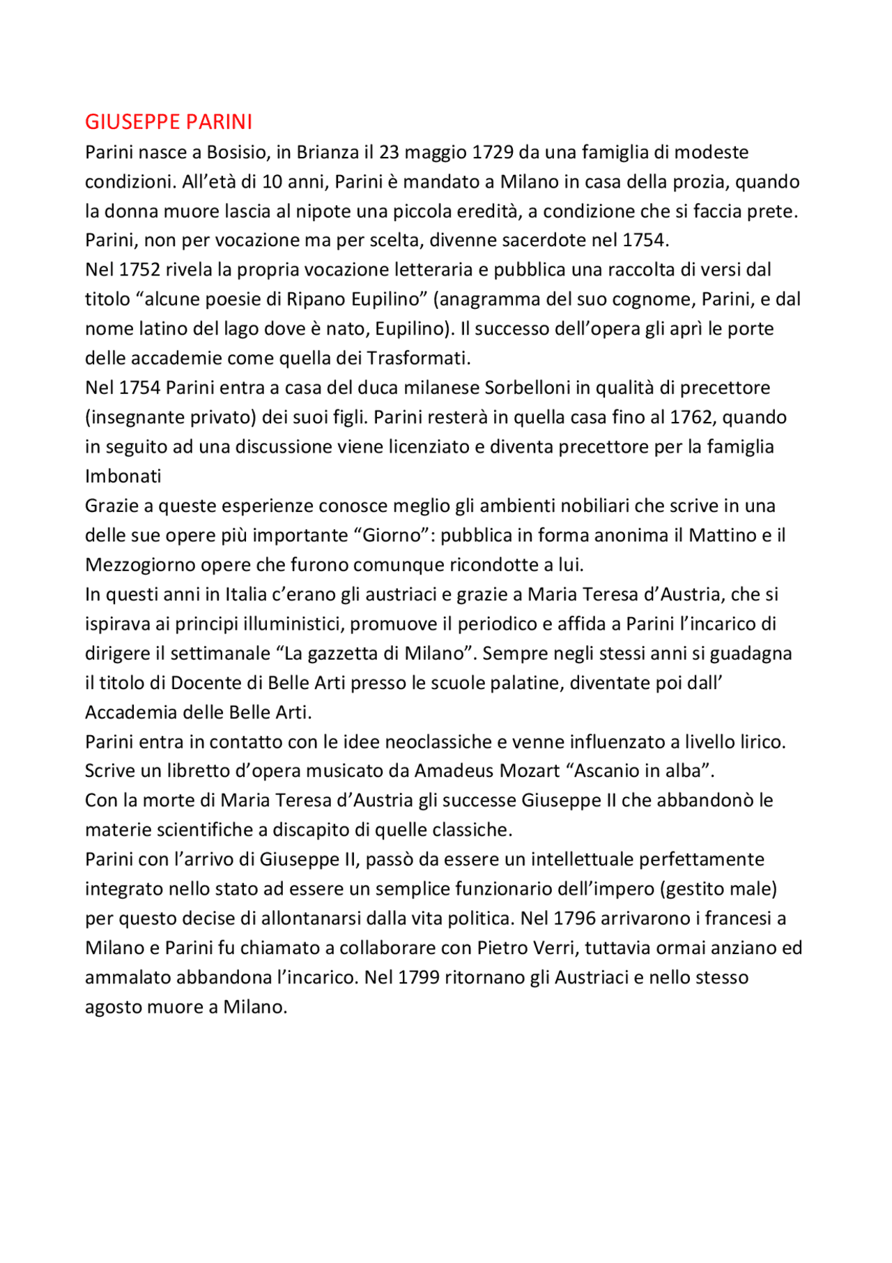 Giuseppe Parini Vita E Opere Docsity