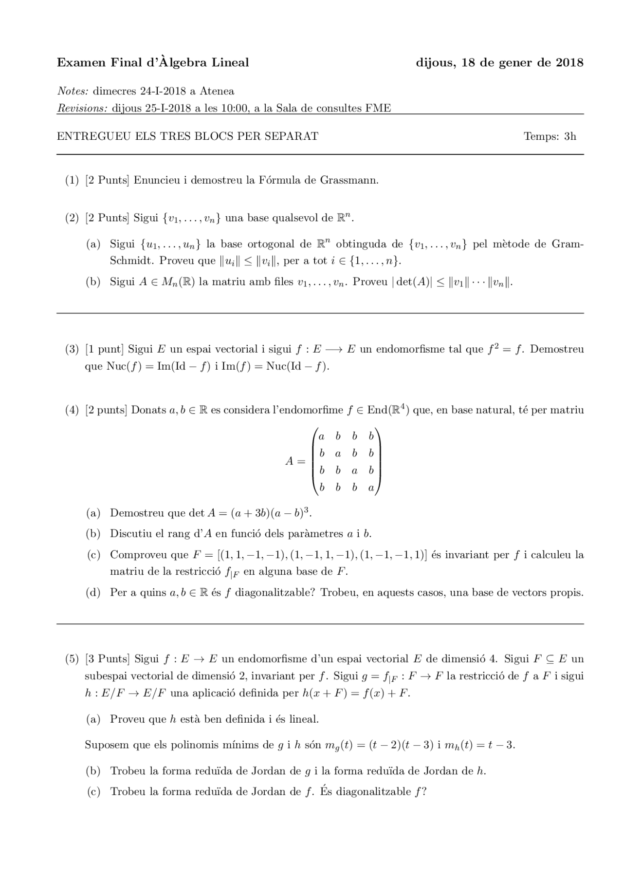 Examen sobre la Fòrmula de Grassmann con resolució problemes - Docsity