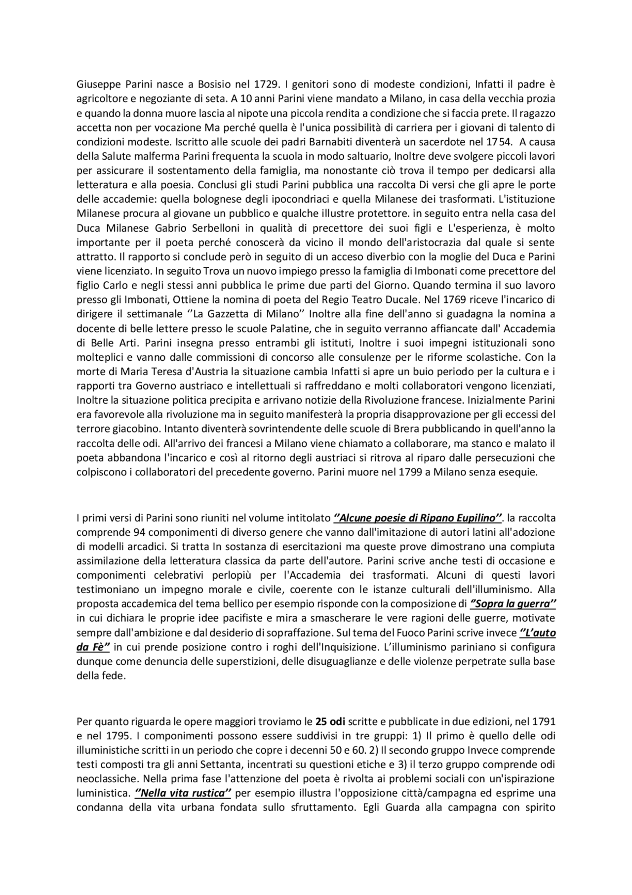 Giuseppe Parini Vita E Opere Docsity