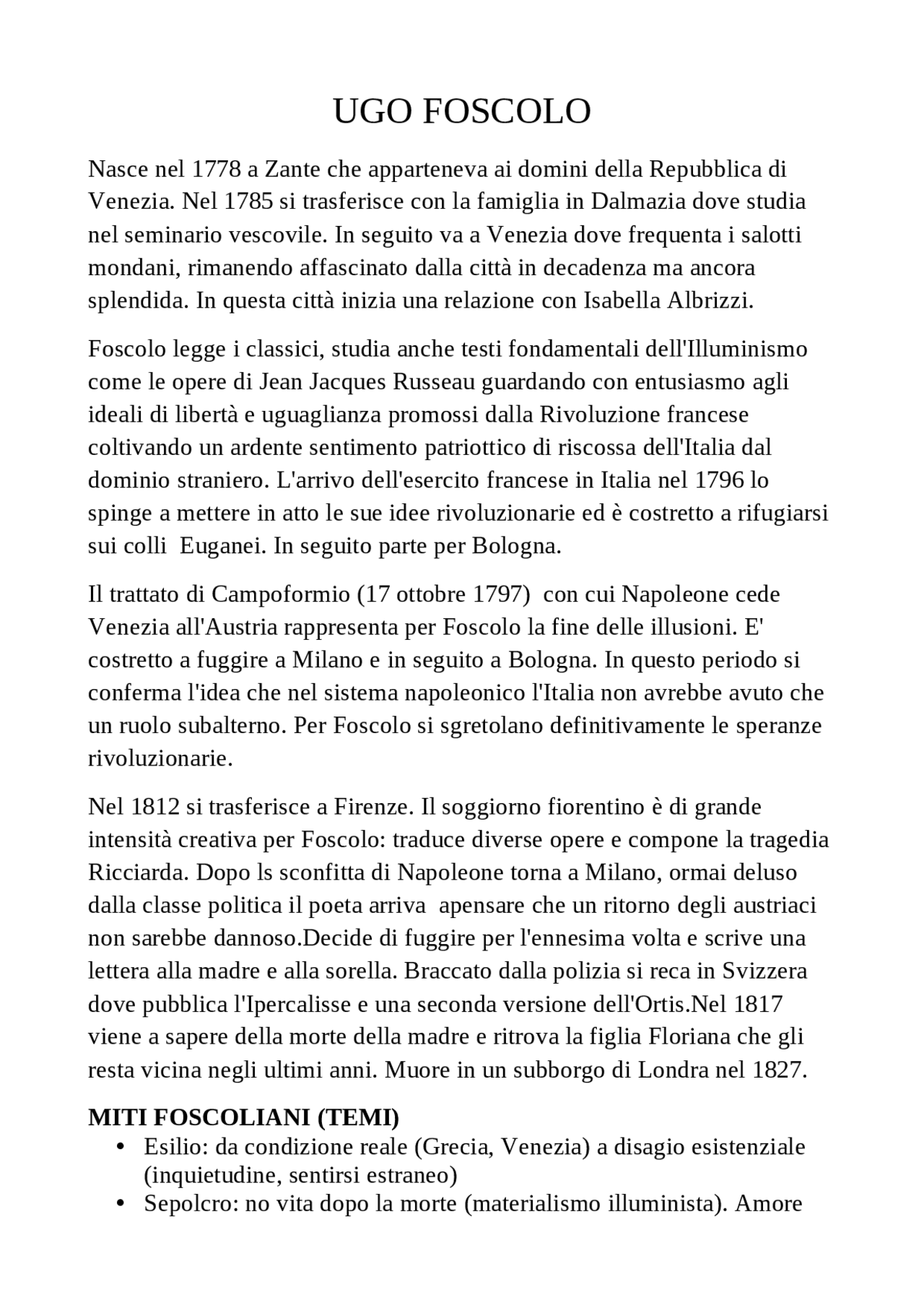 Appunti Ugo Foscolo Docsity
