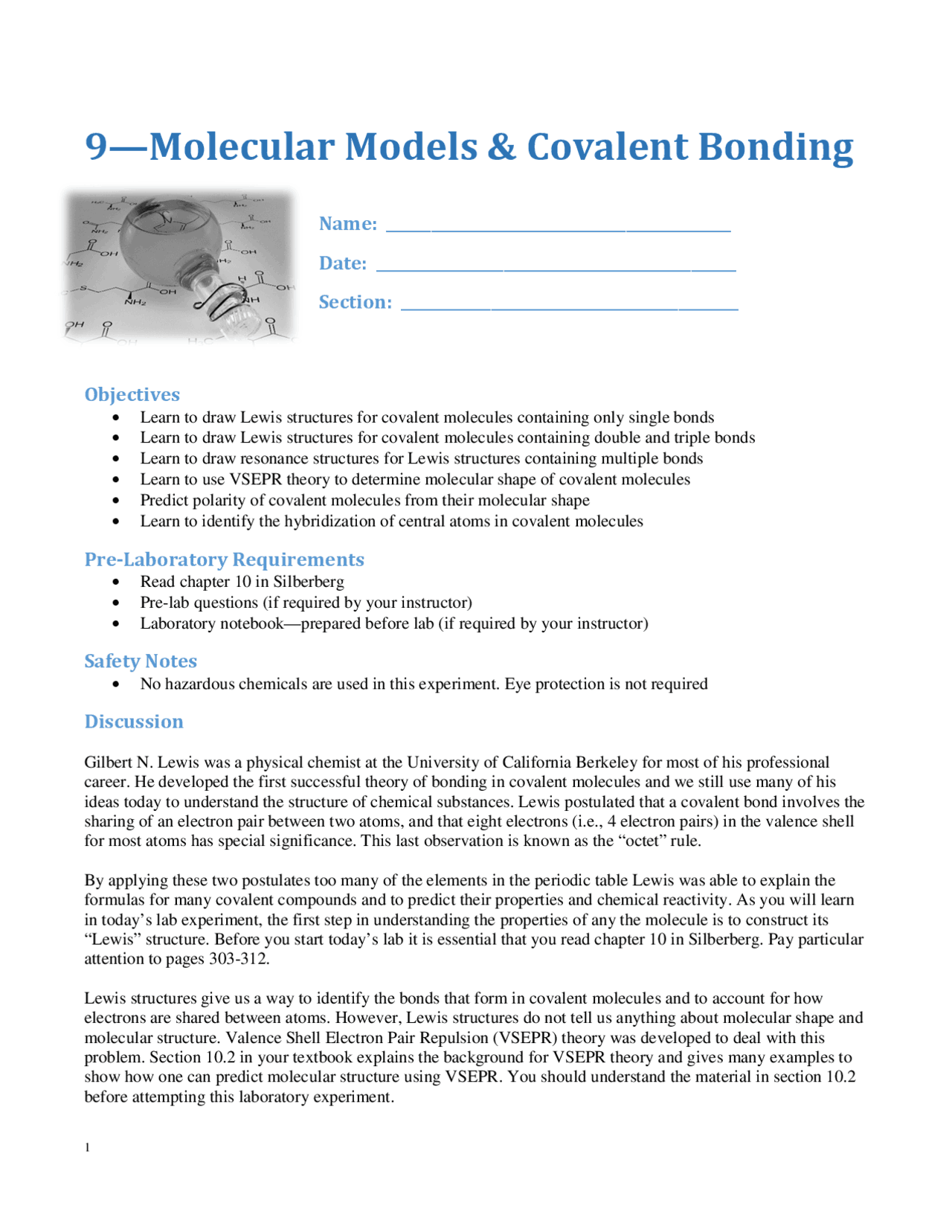Molecular Models and Covalent Bonding Lab - Docsity