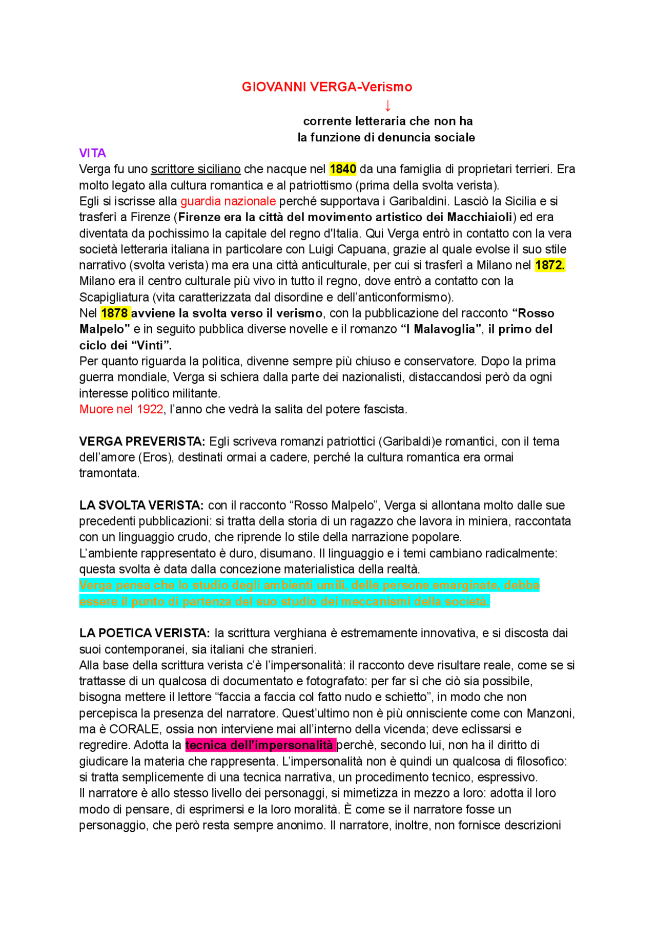 Giovanni Verga Quinto Anno Docsity