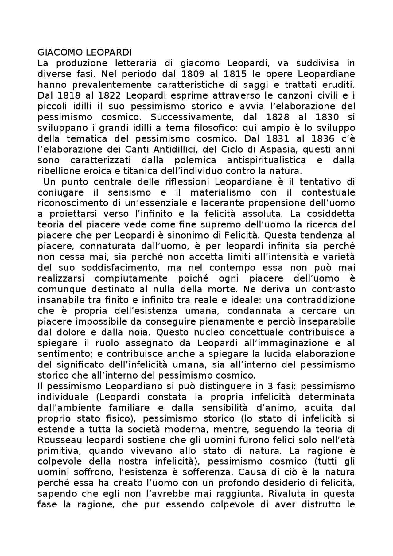Giacomo Leopardi pessimismo e opere - Docsity