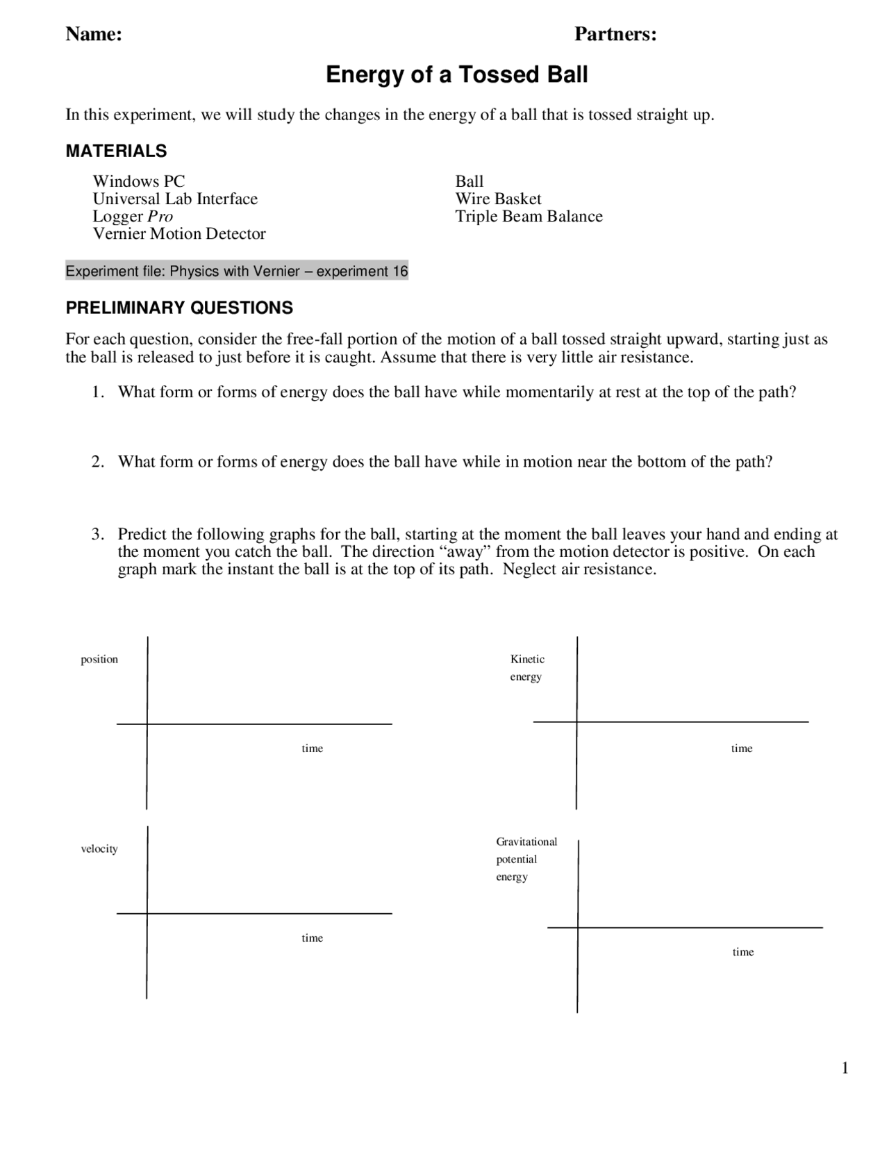 Energy of a Tossed Ball Lab Manual - Docsity