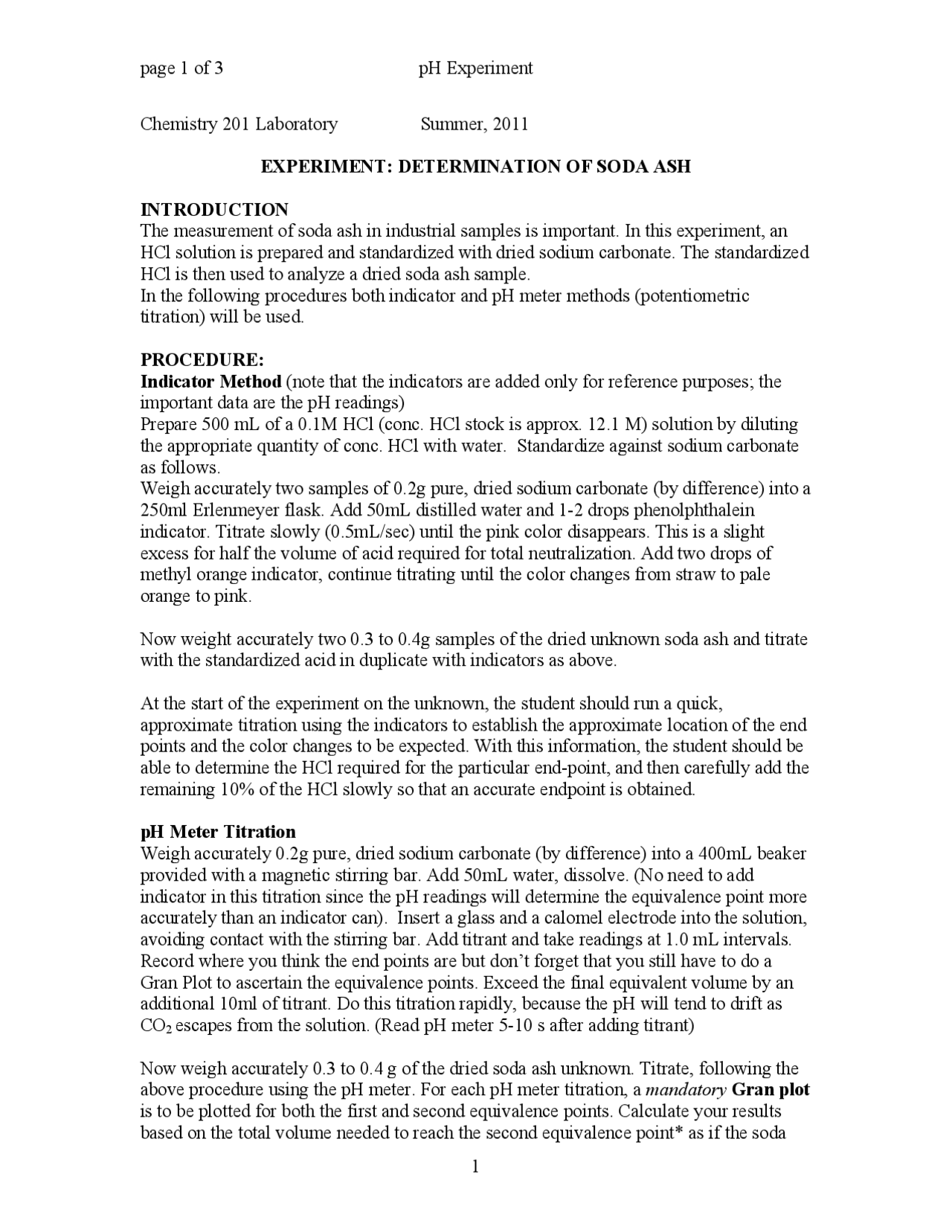 Lab Experiment on Determination of Soda Ash - Docsity
