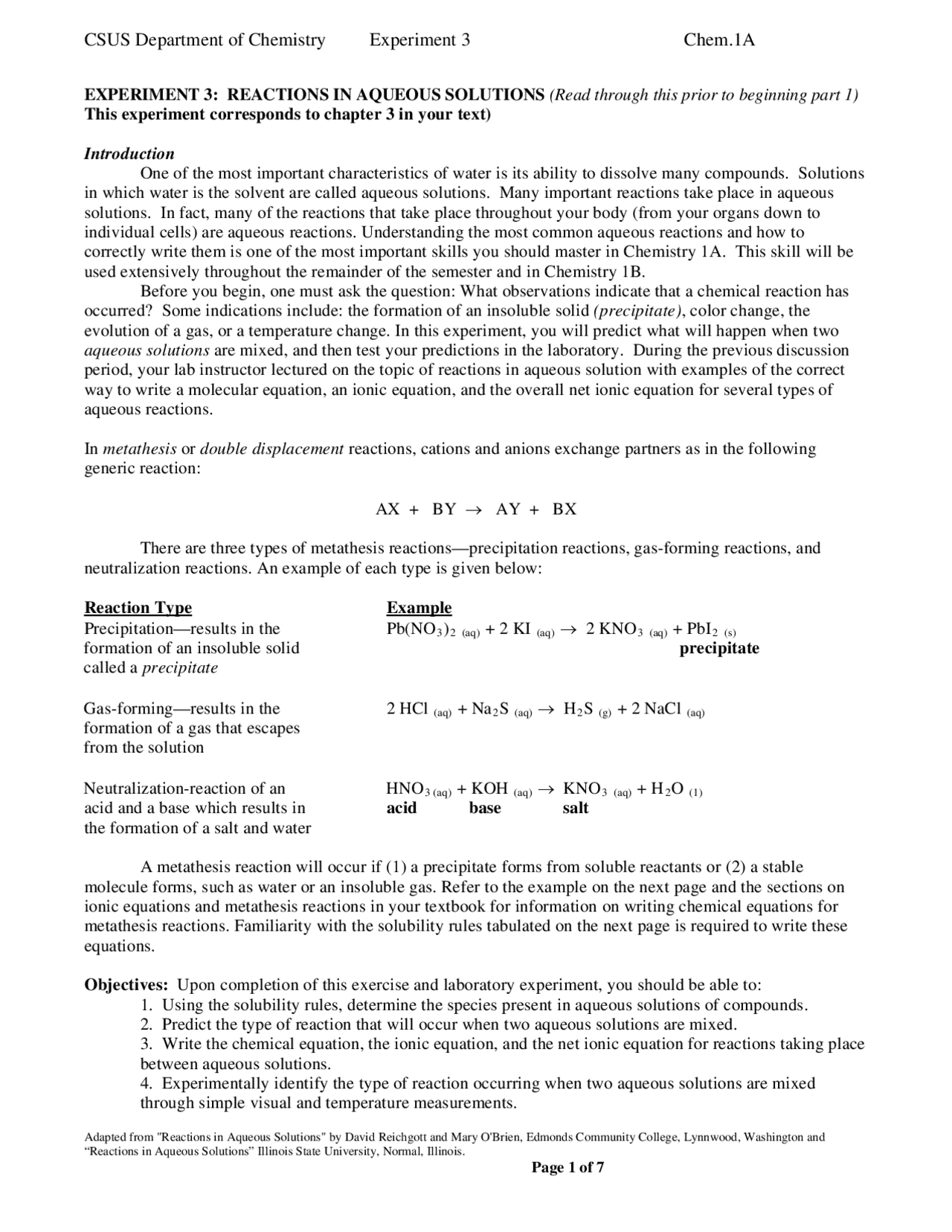 Reactions In Aqueous Solutions Experiment Docsity