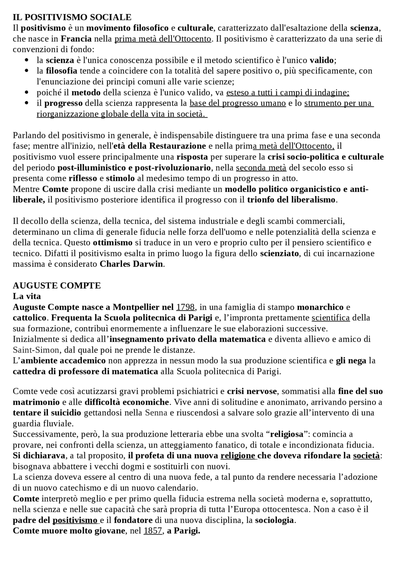 Il Positivismo Comte E Darwin Docsity