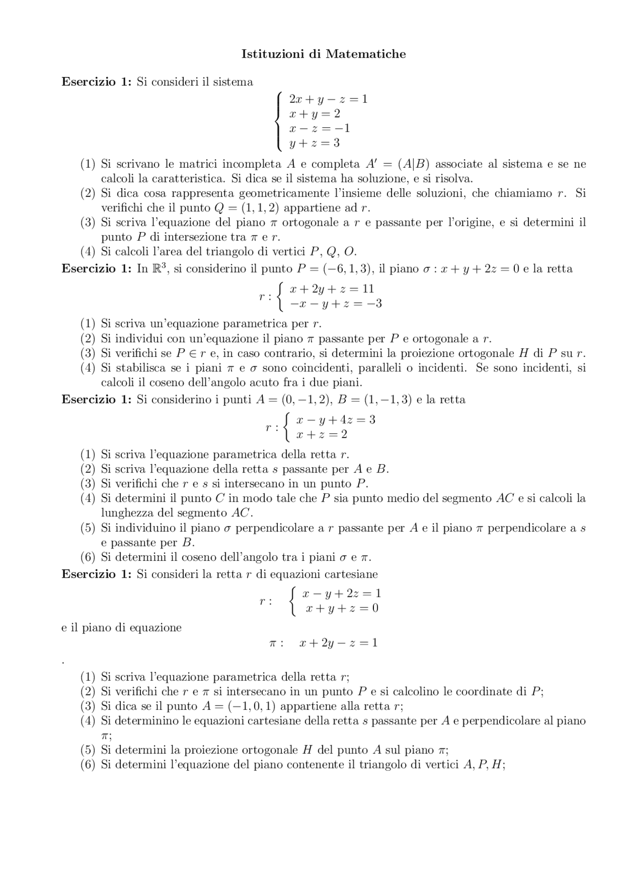 Raccolta Esercizi Esame Istituzioni Di Matematica Esercizi Di