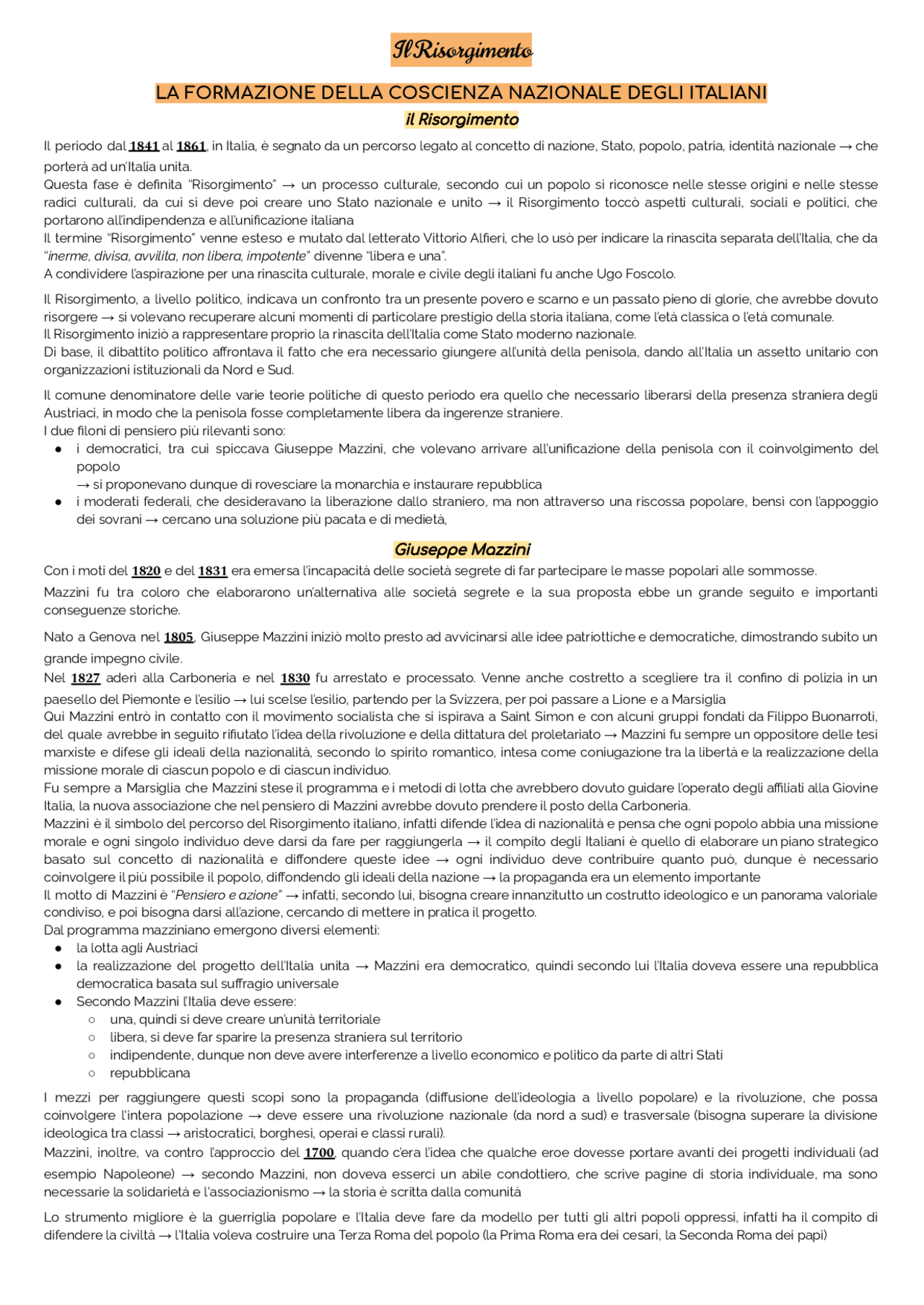 STORIA: il Risorgimento - Docsity