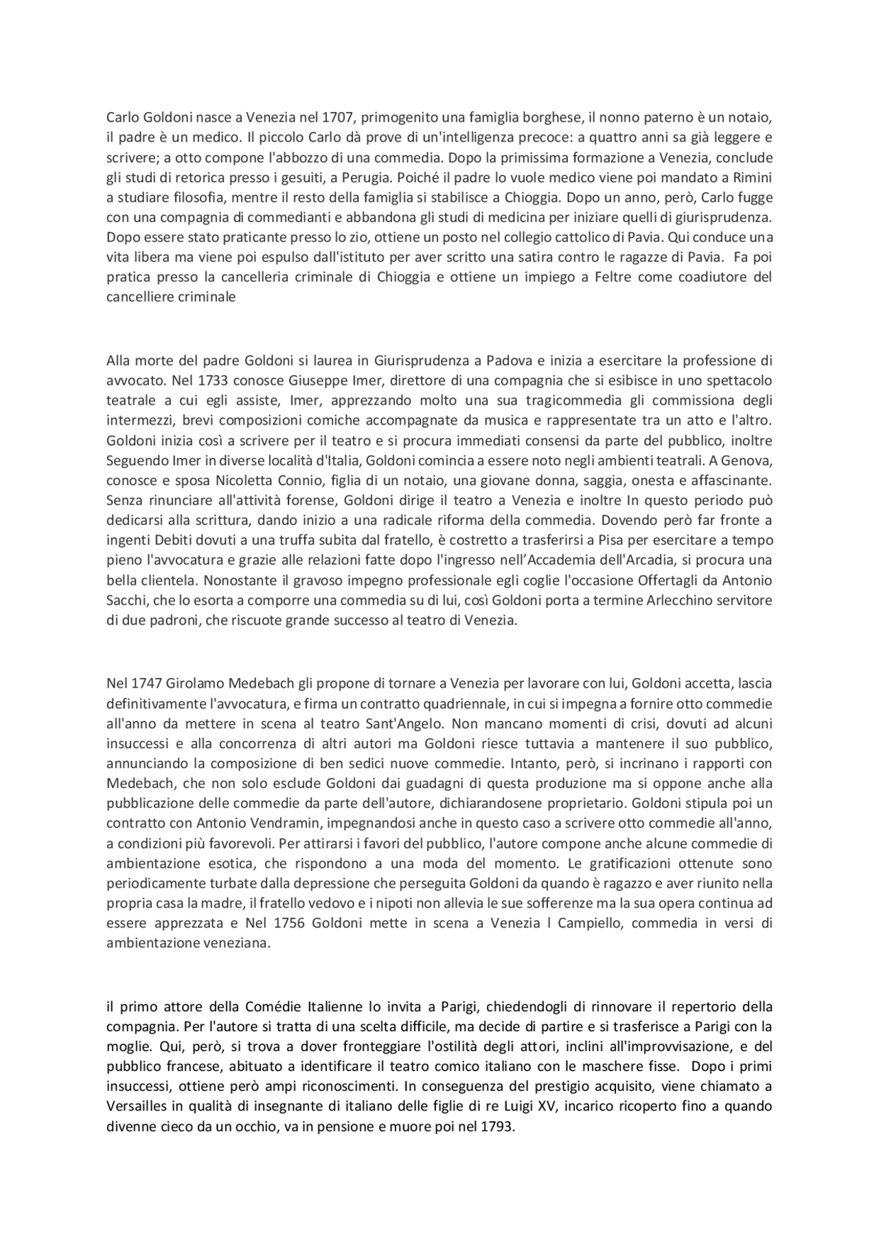Carlo Goldoni Vita E Opere Docsity