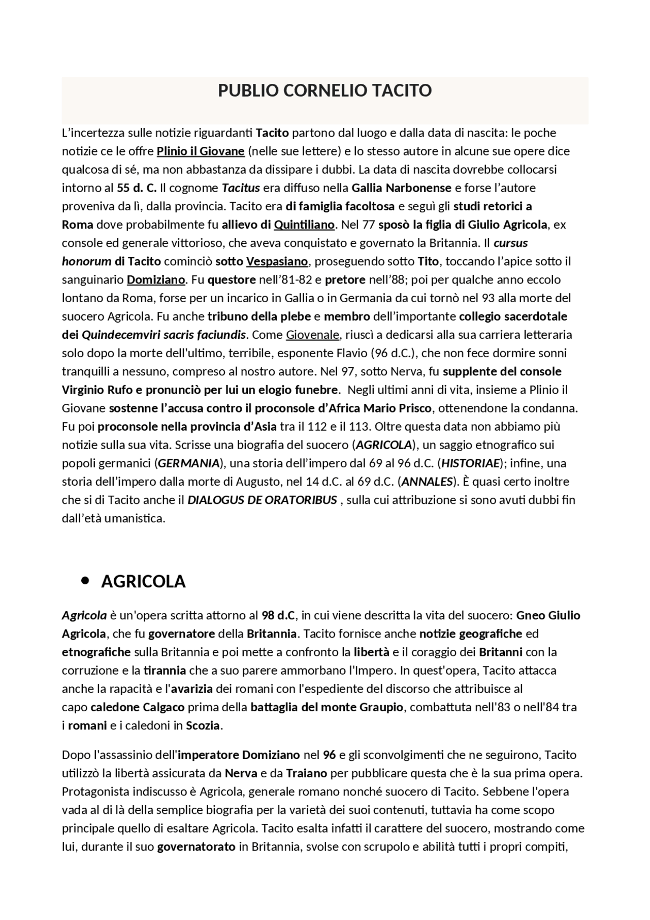 Publio Cornelio Tacito Vita E Opere Docsity