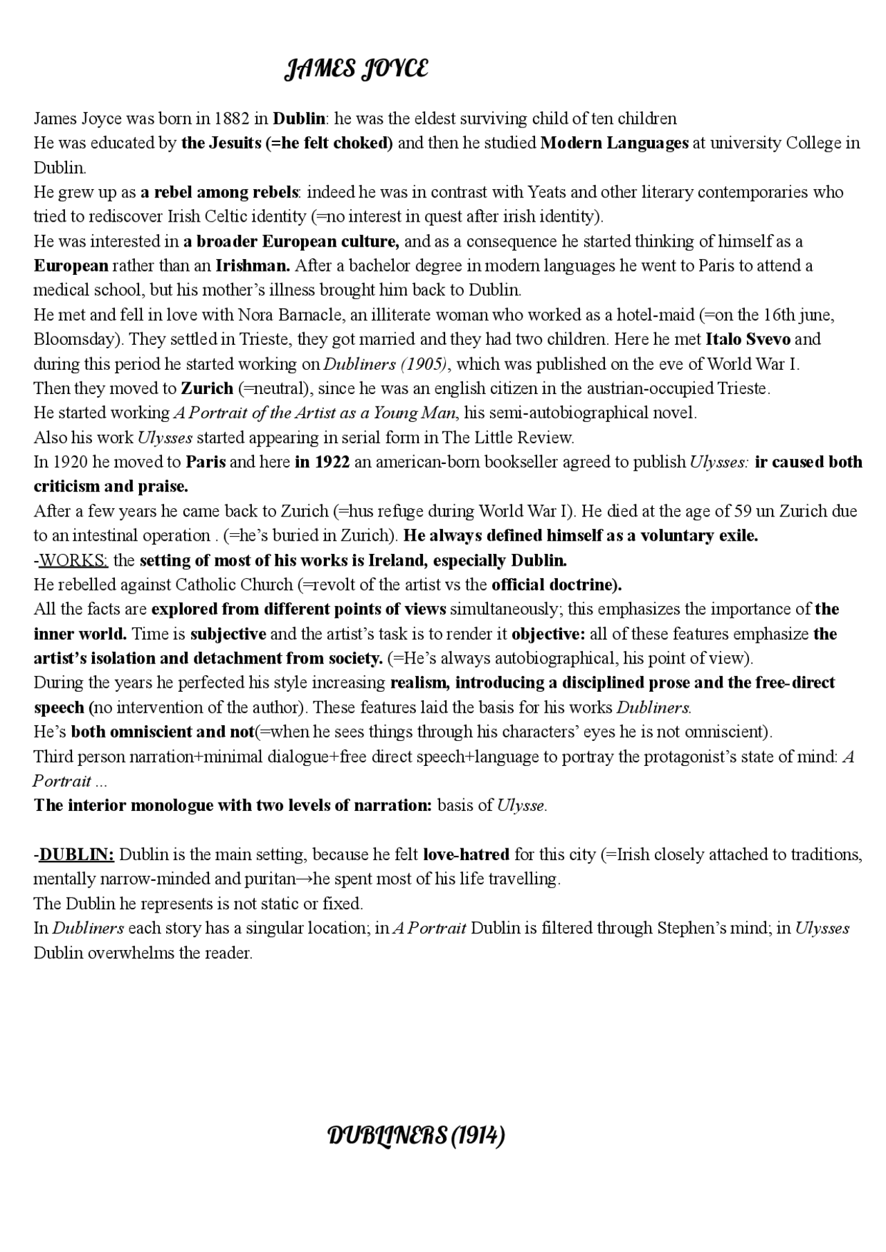 JAMES JOYCE- BIOGRAPHY, EVELINE AND ULYSSES - Docsity