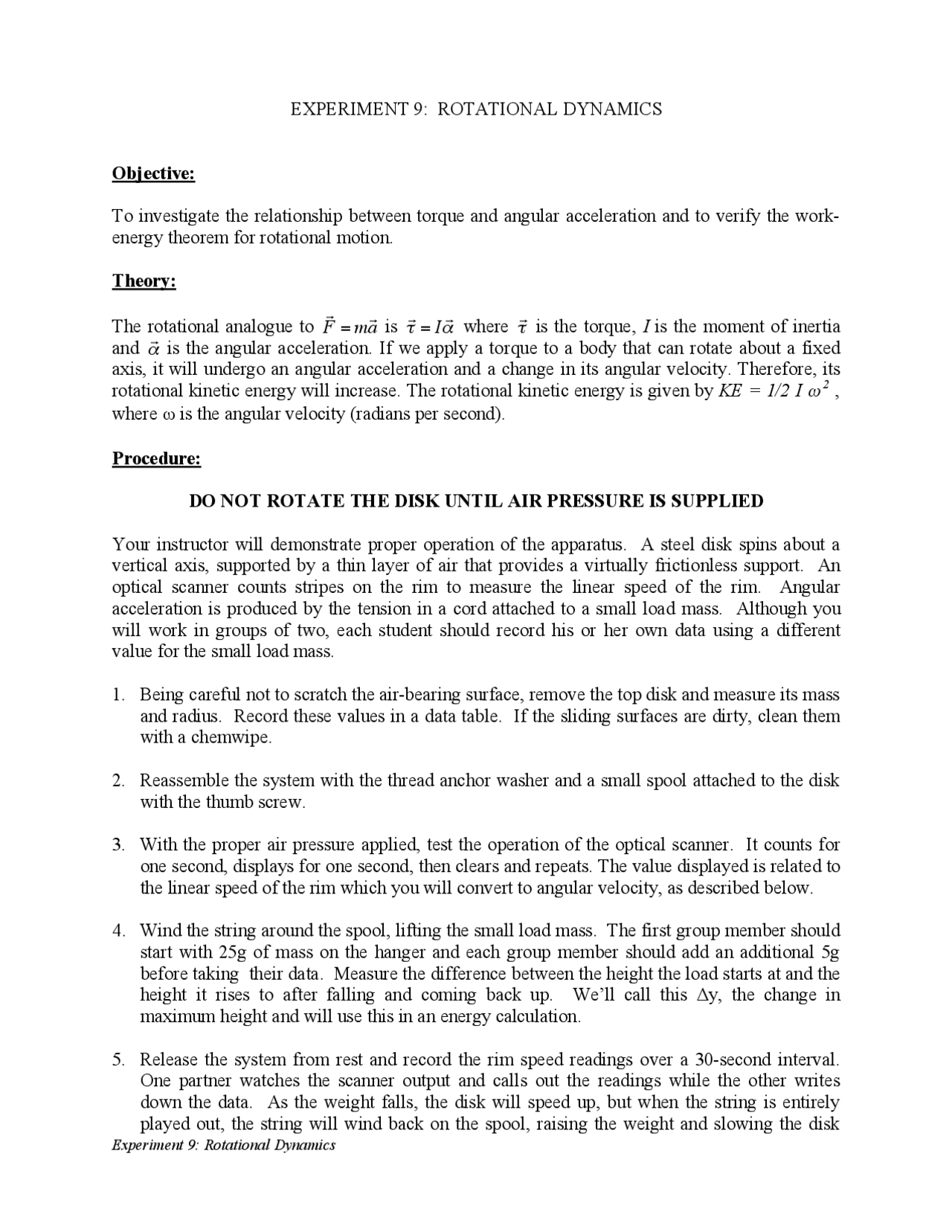 Experiment 9 Rotational Dynamics Docsity