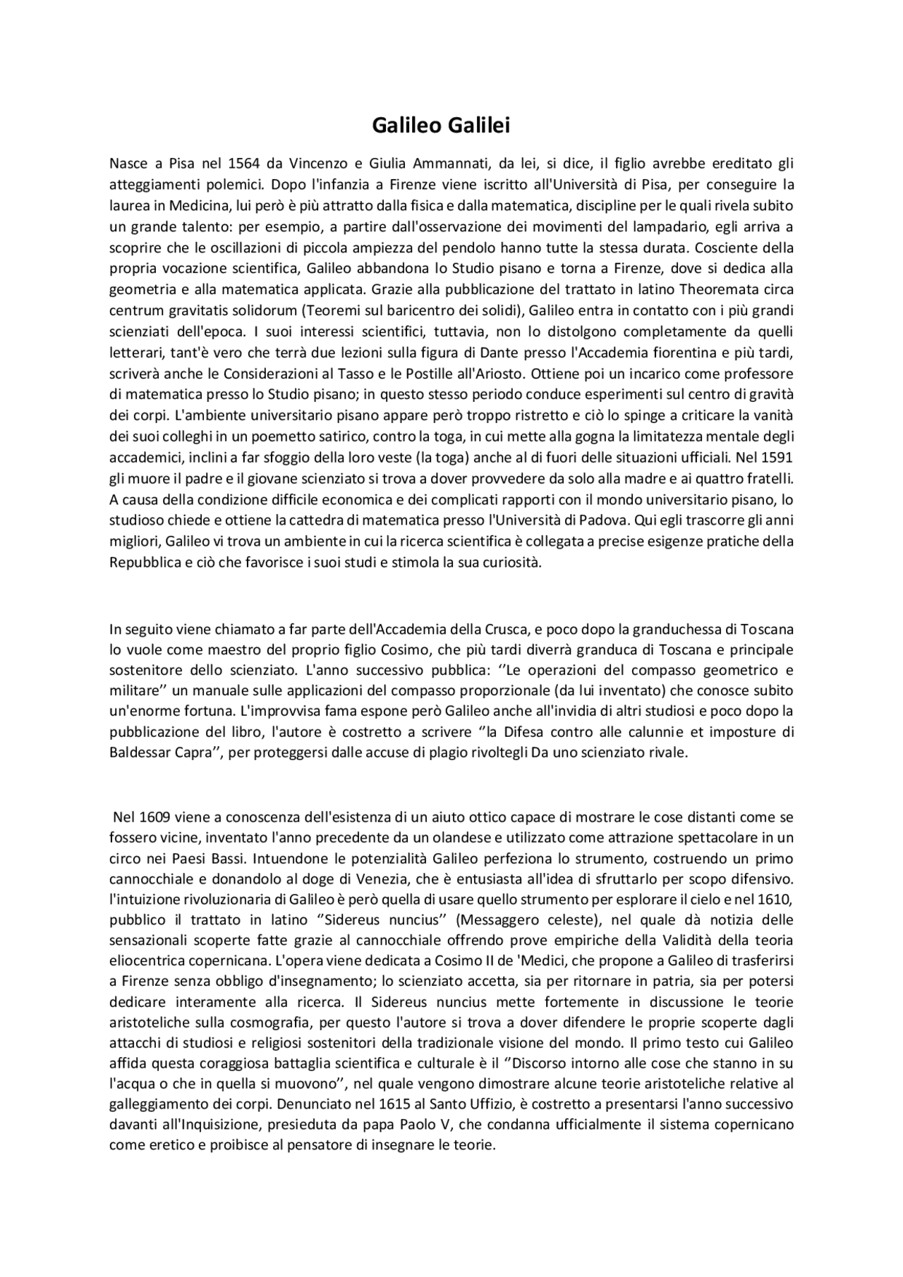 Galileo Galilei Vita E Opere Docsity