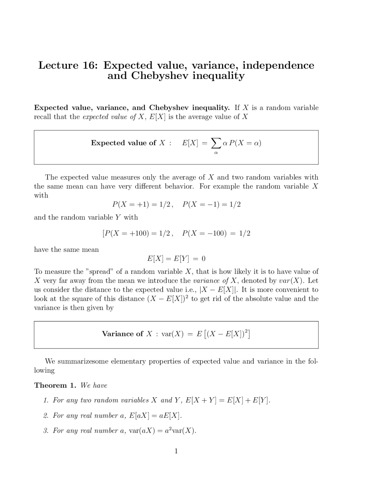 Wiskunde Lecture 16 Expected Value Variance Independence And