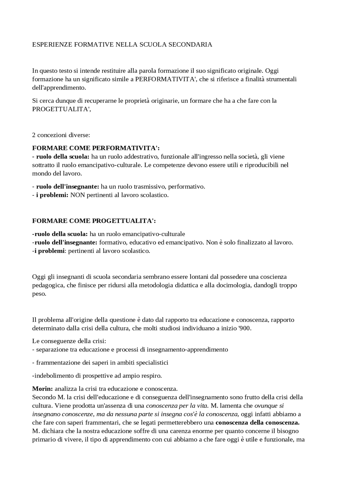 Esperienze Formative Nella Scuola Secondaria Riassunto Docsity