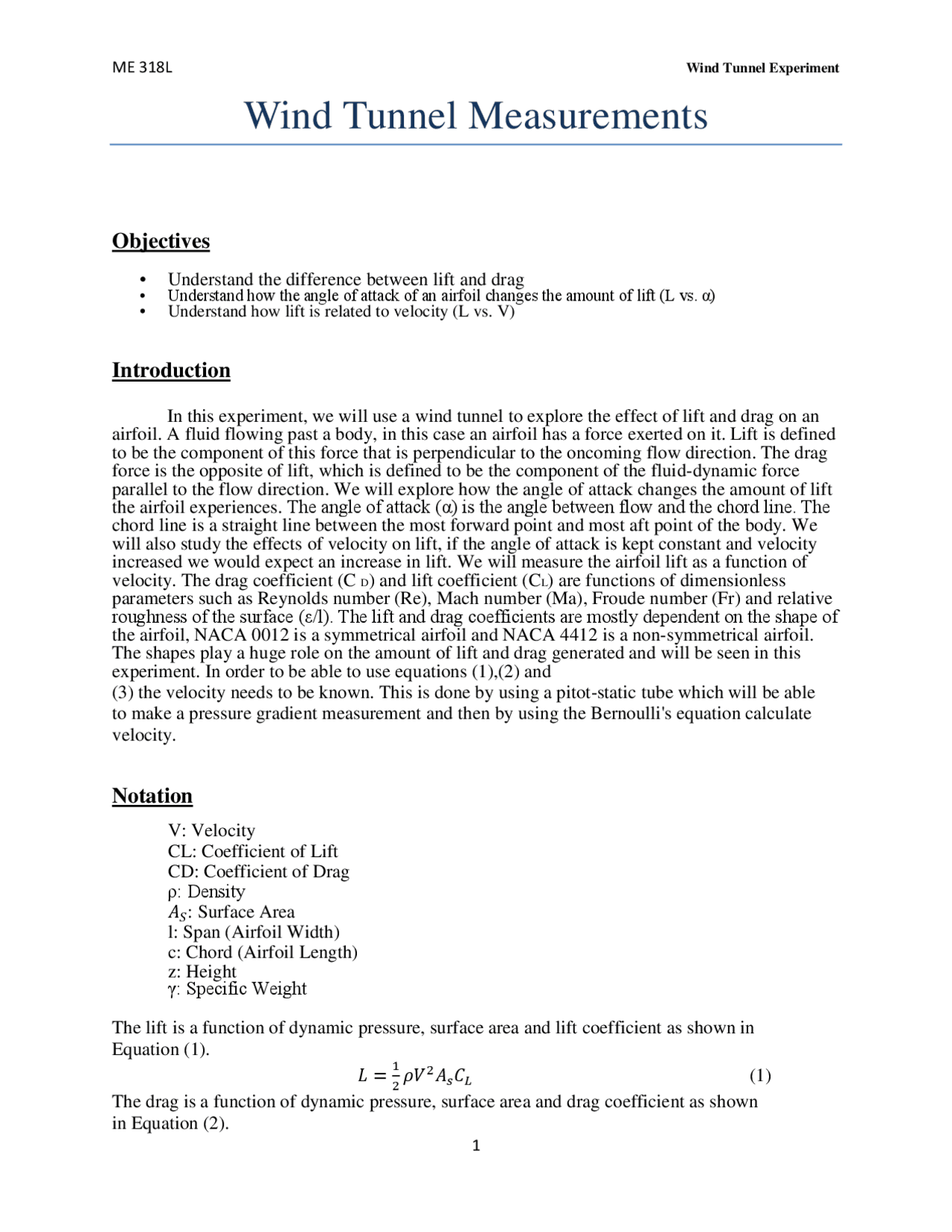 Experiment: Wind Tunnel Measurements - Docsity