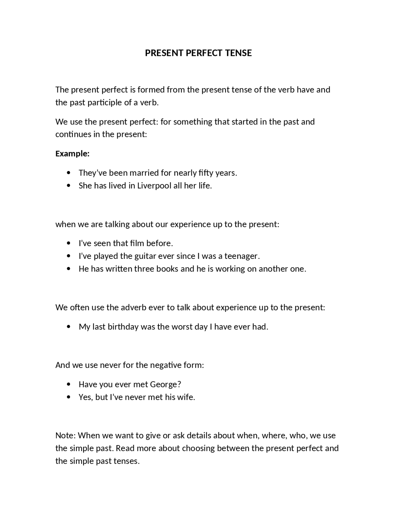 PRESENT PERFECT TENSE - Docsity