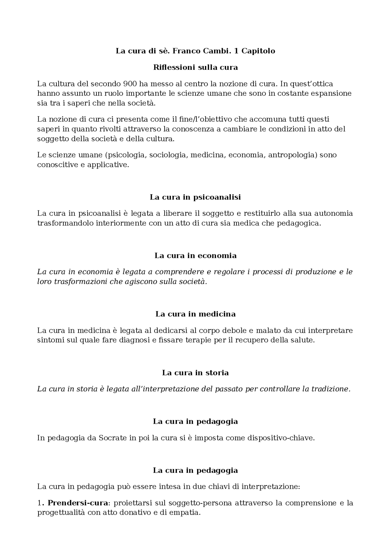 La Cura Di Sè Capitolo 1 E 2 Docsity
