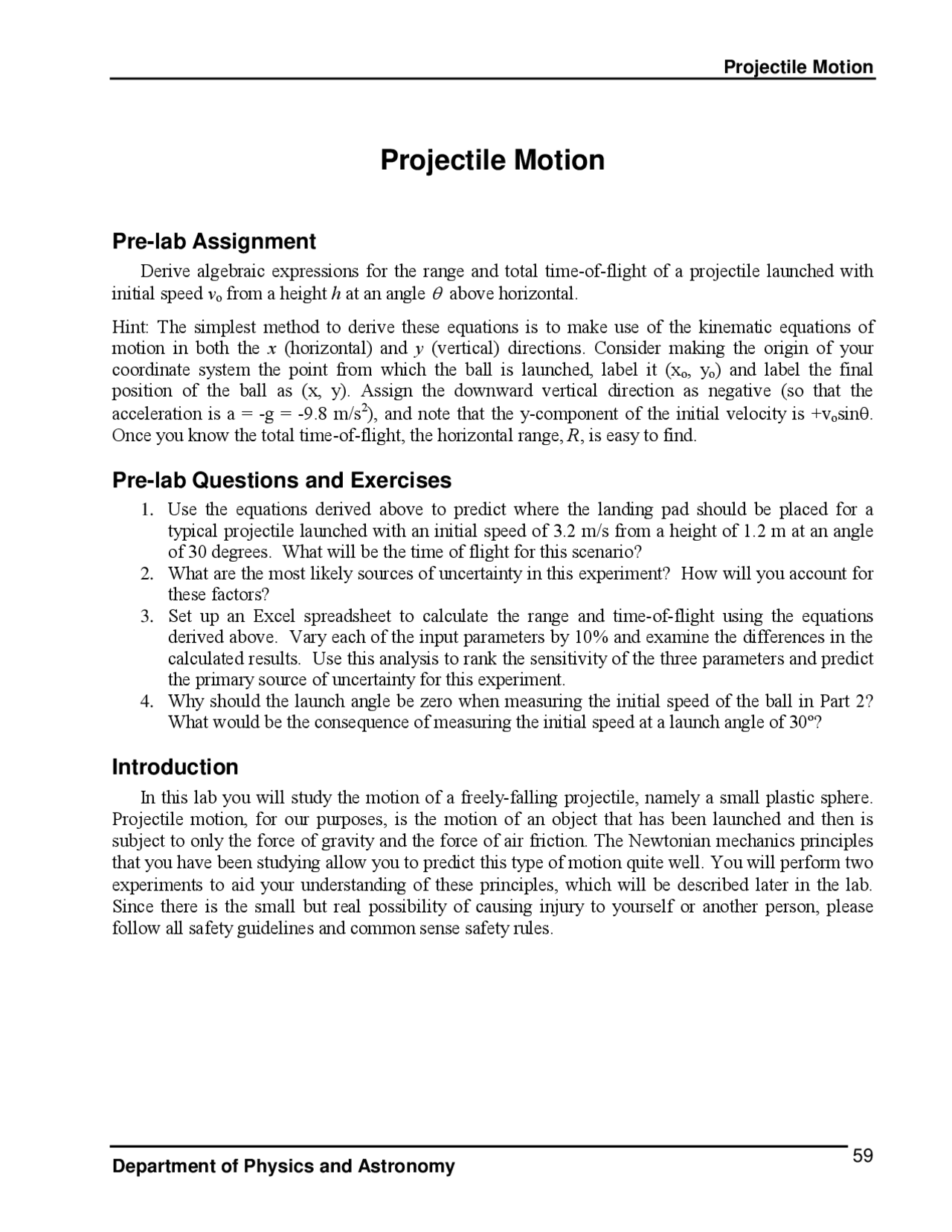 Projectile Motion Lab Answers Lab Reports Physics Docsity