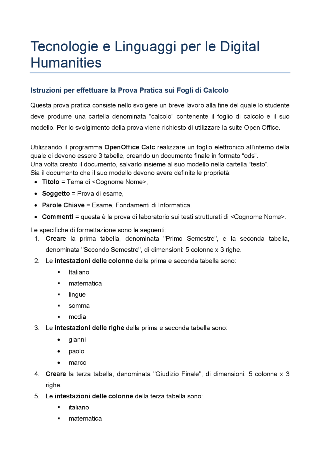 Testo Esame Fogli Di Calcolo Docsity