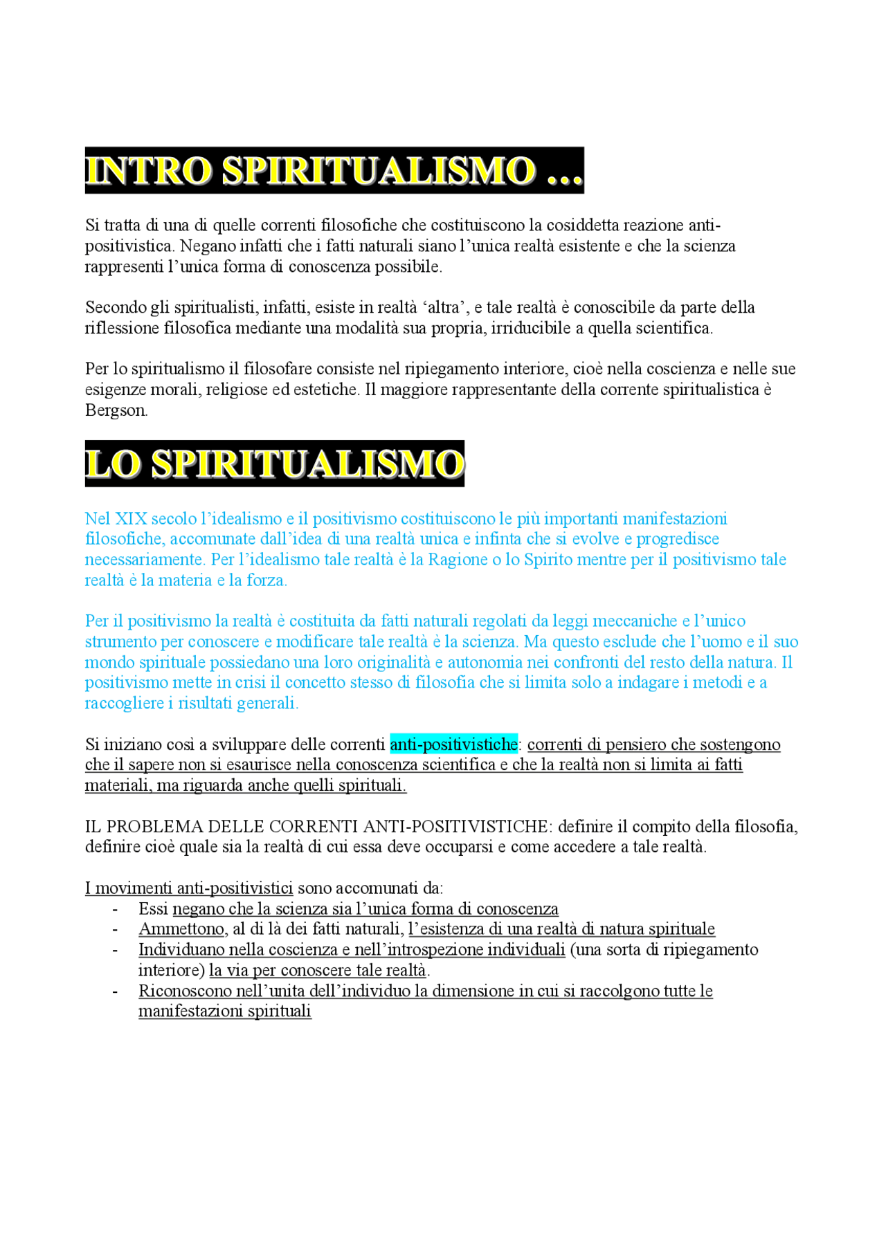 SPIRITUALISMO - BERGSON - Docsity