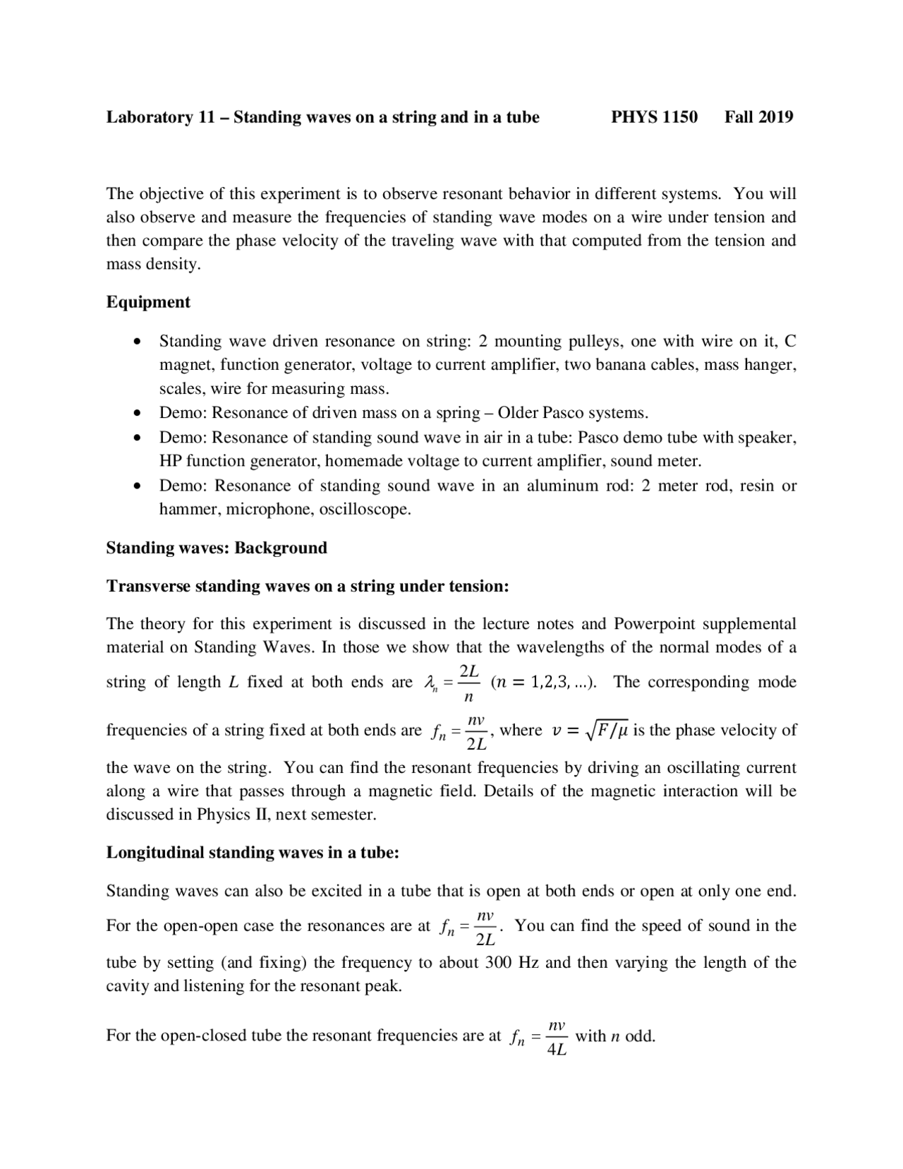 Lab Manual Standing Waves On A String And In A Tube Docsity