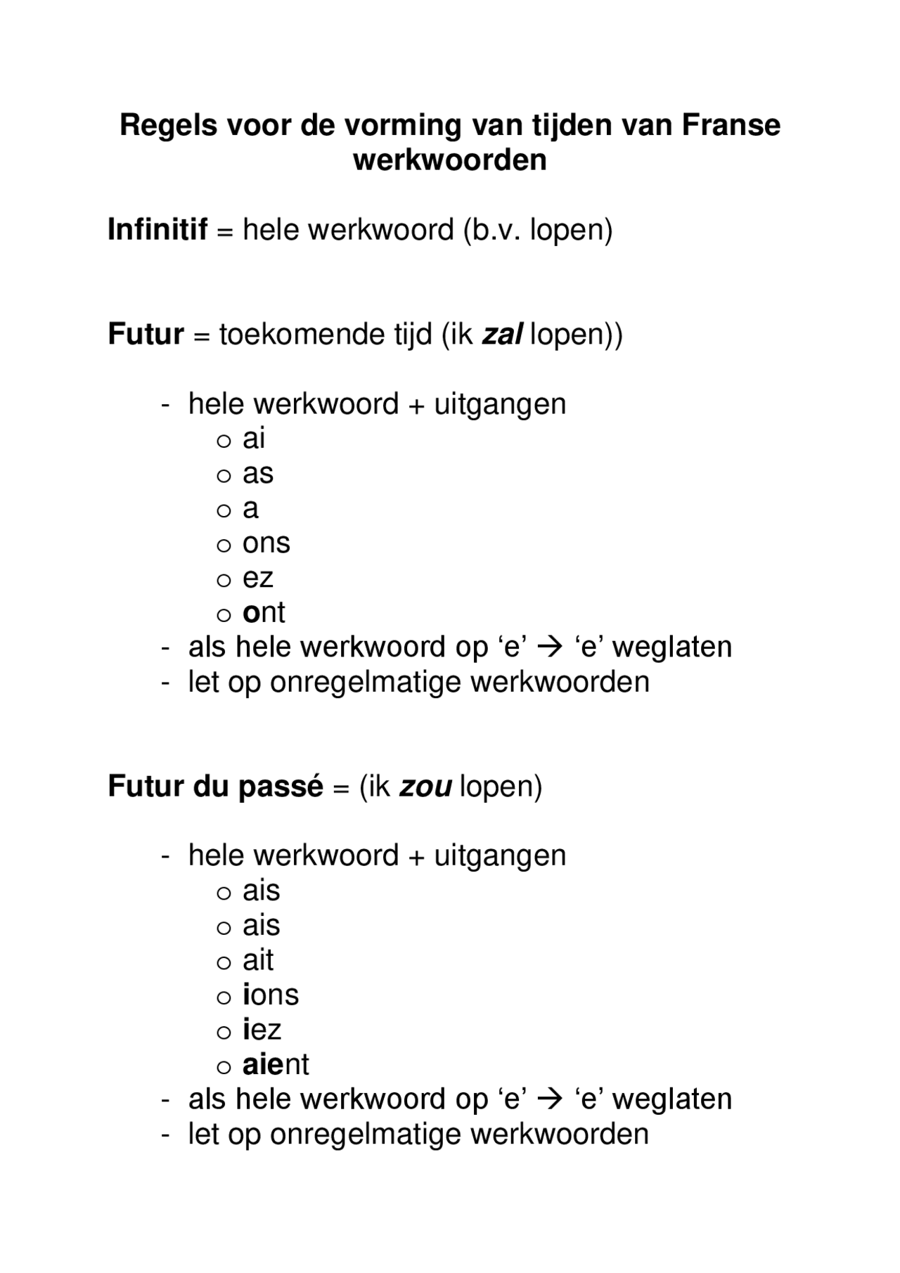 Regels voor de vorming van tijden van Franse werkwoorden - Docsity