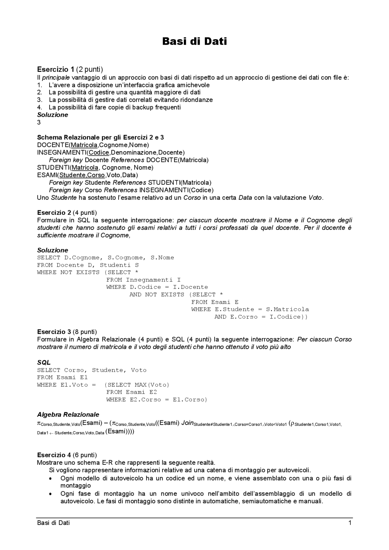 Basi di dati esercizi svolti - Docsity
