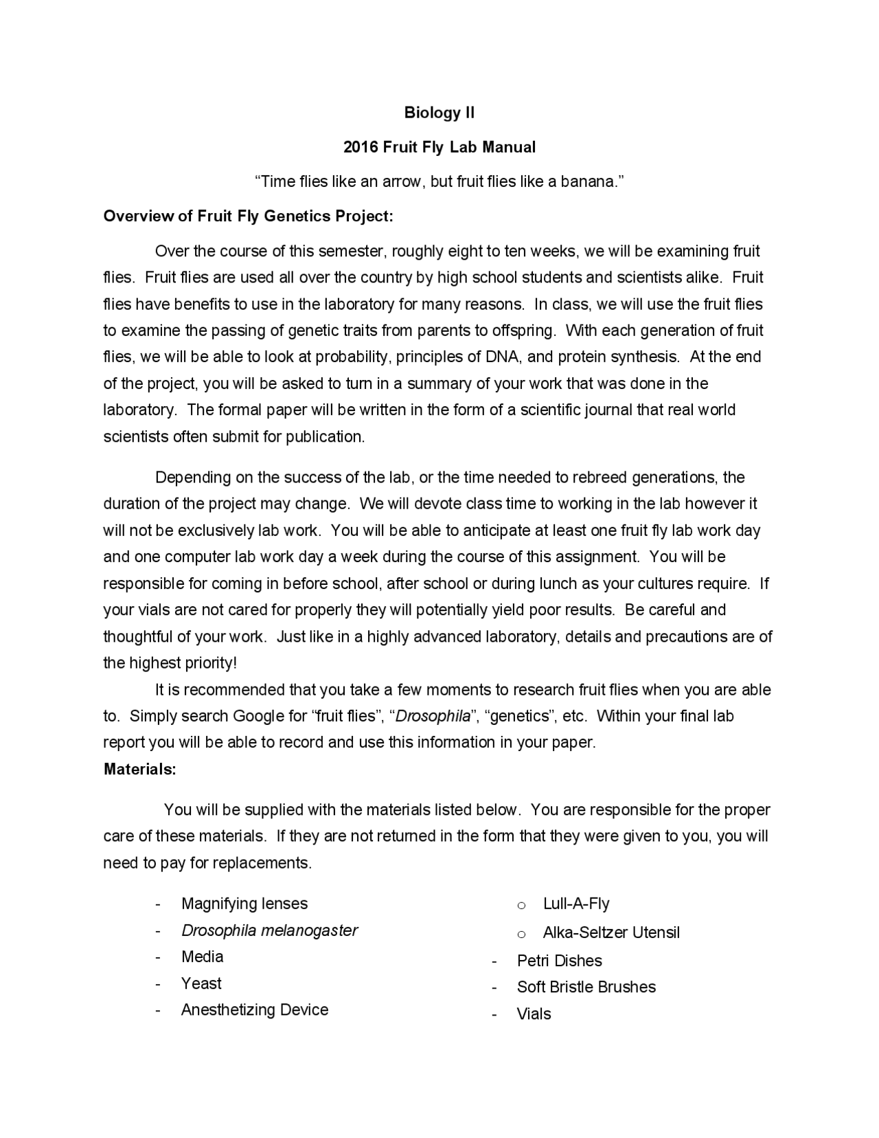 Fruit Fly Lab Manual - Docsity
