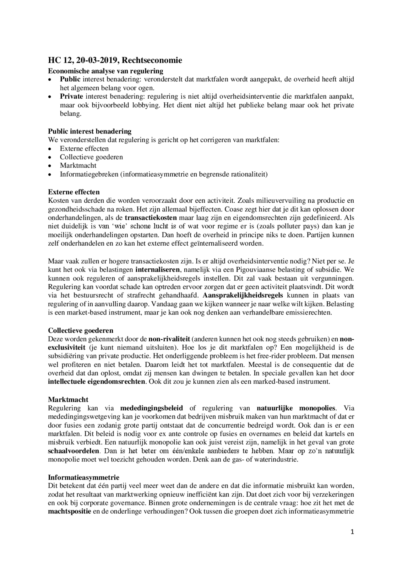 Overzicht Rechtseconomie hc 12: Economische analyse van regulering ...