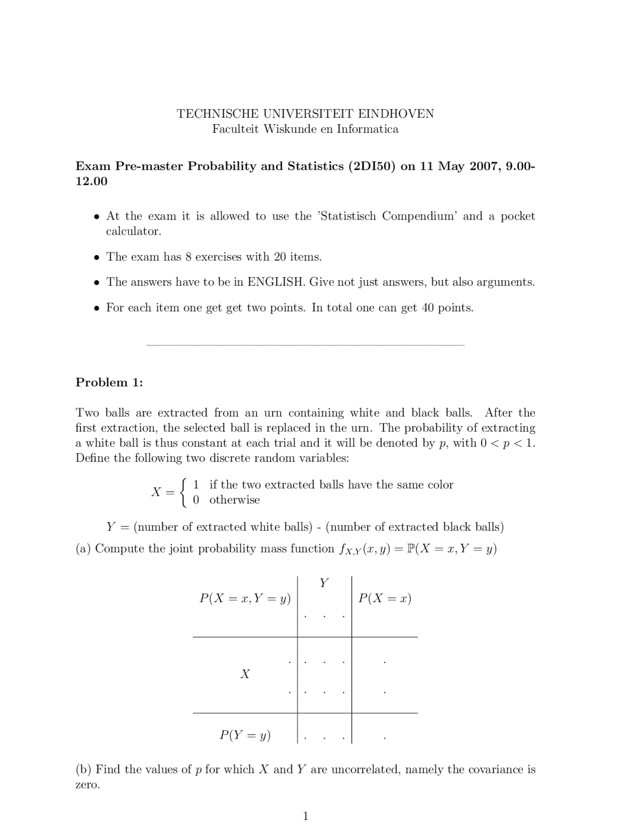 Exam Pre-master Probability and Statistics | TU Eindhoven | High school final essays Statistics ...