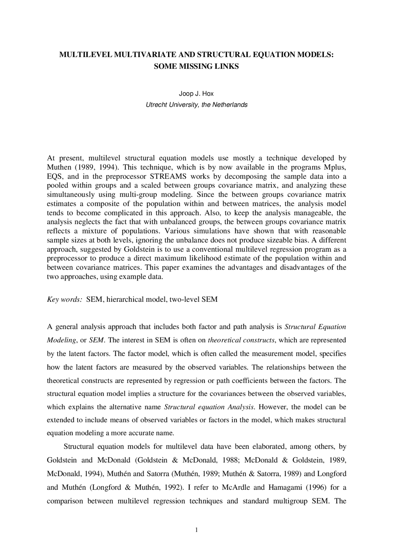 Multilevel multivariate and structural equation models: some missing ...