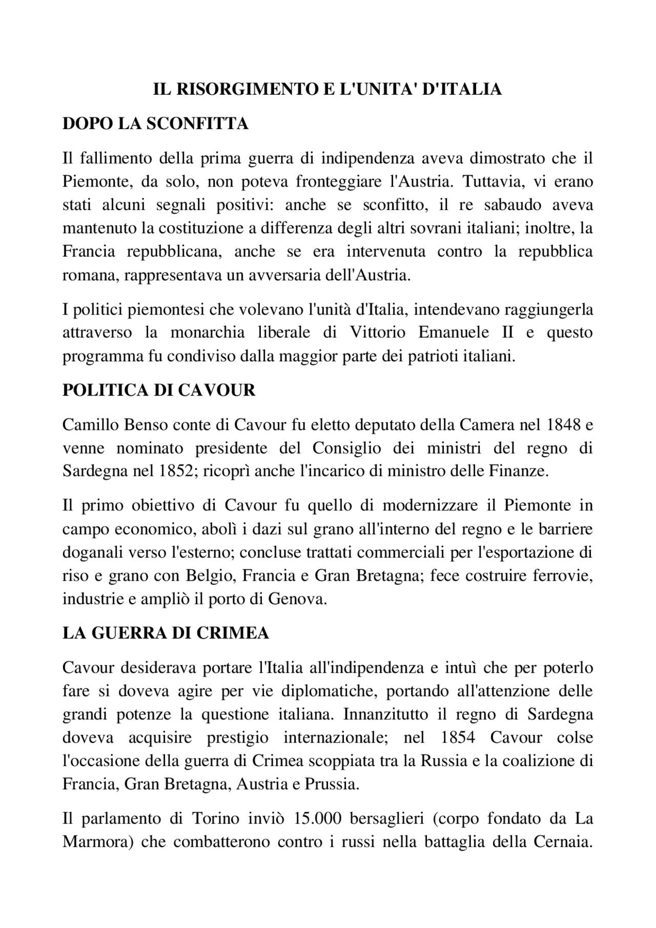 Risorgimento E Lunità Di Italia Docsity