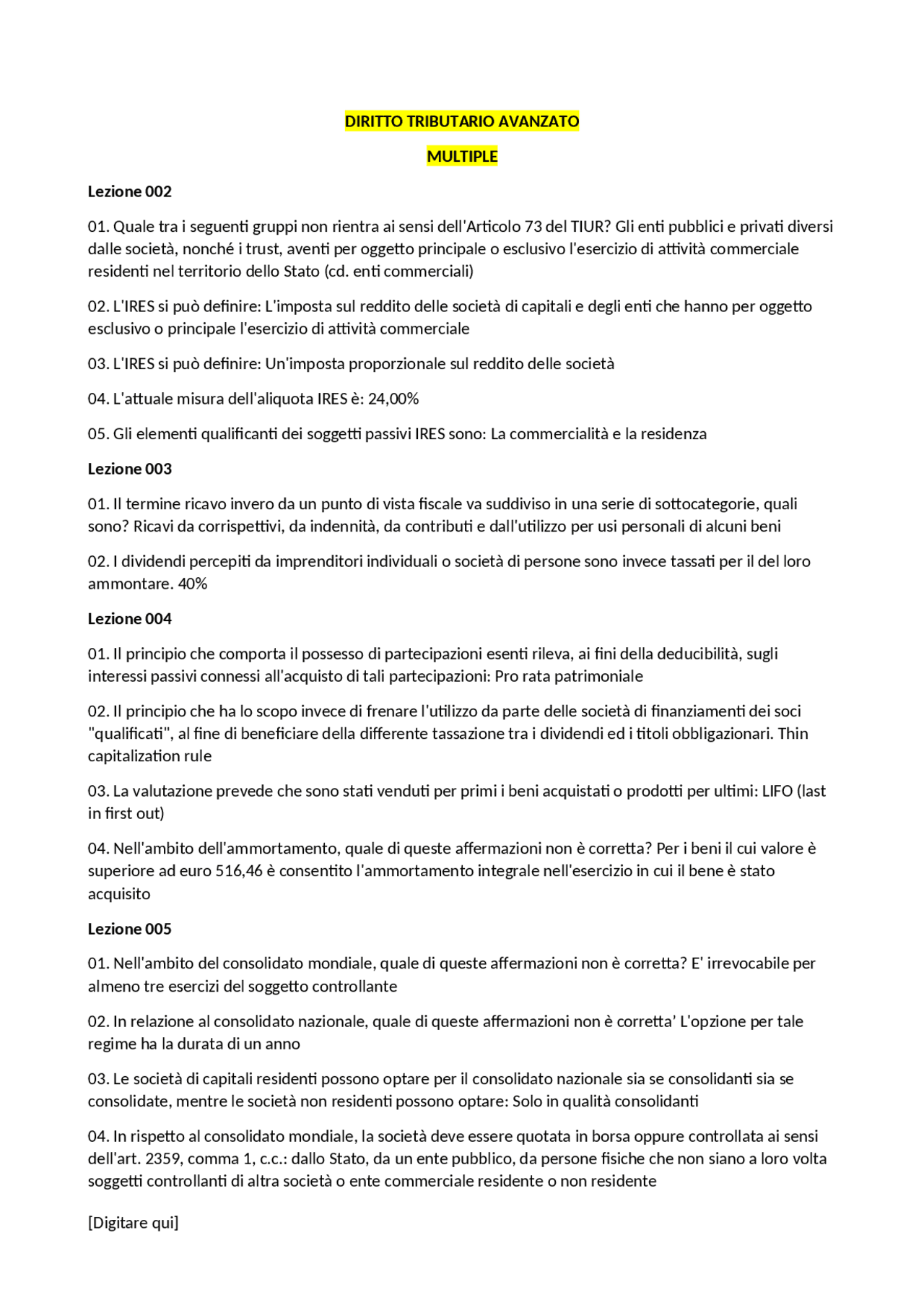 Paniere Ecampus Diritto Tributario Avanzato Multiple Prof Pollari
