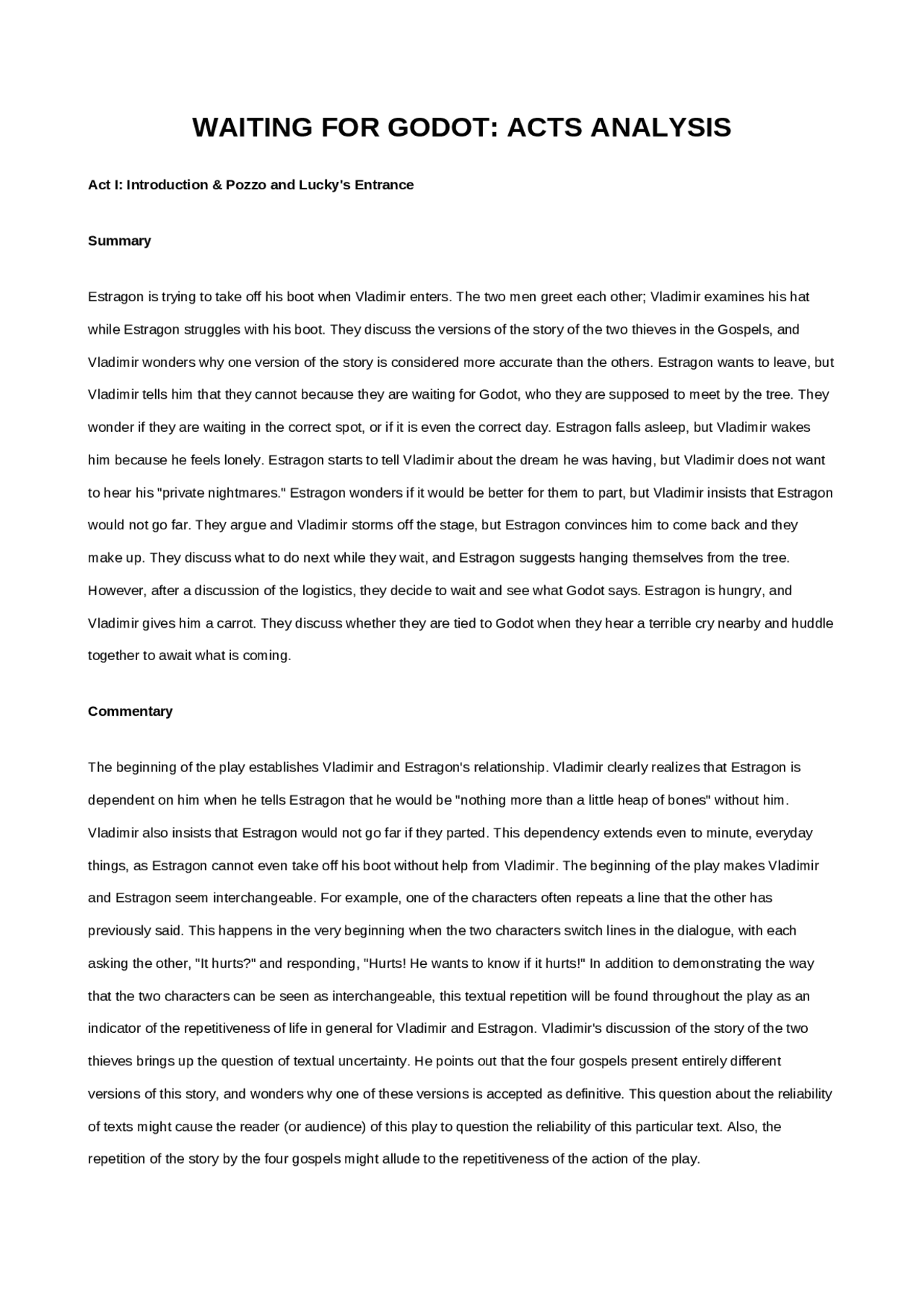 WAITING FOR GODOT (S. BECKETT) - Acts analysis - Docsity