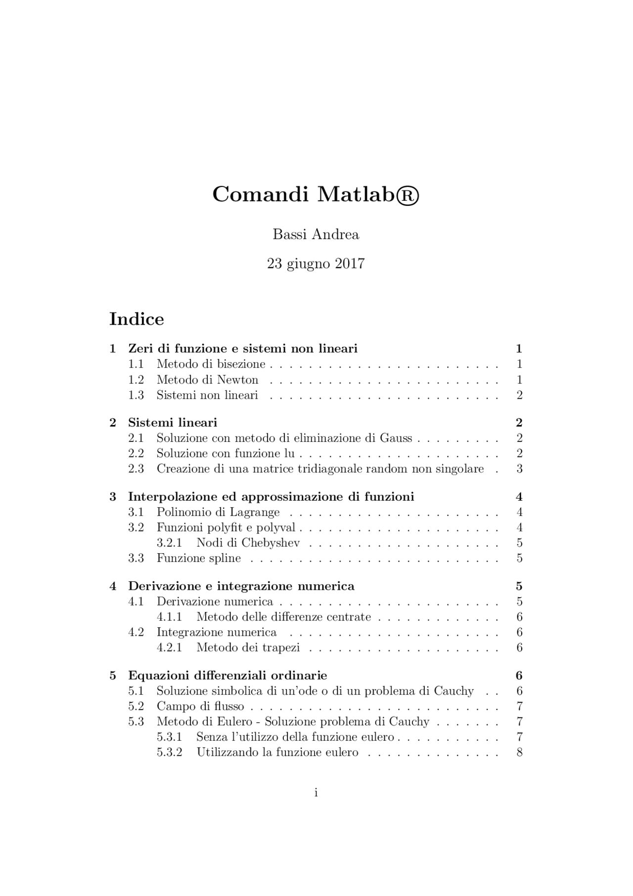 Comandi Matlab Per Metodi Analitici E Numerici Docsity