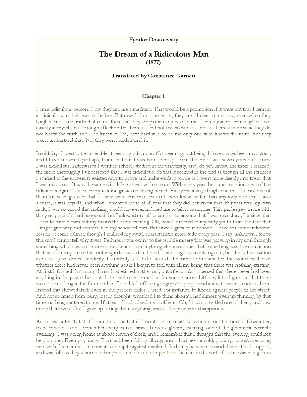 The Dream of a Ridiculous Man (Fyodor Dostoevsky) | Hoofdstukken I-IV ...