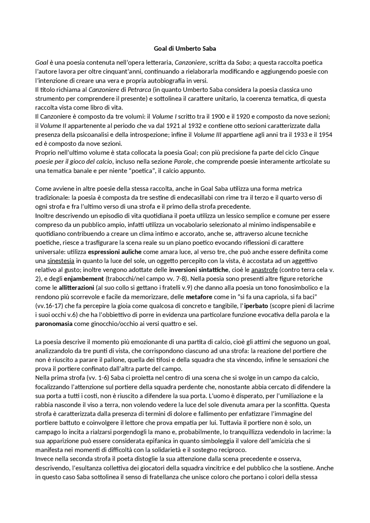 - Umberto Saba - Goal - Docsity
