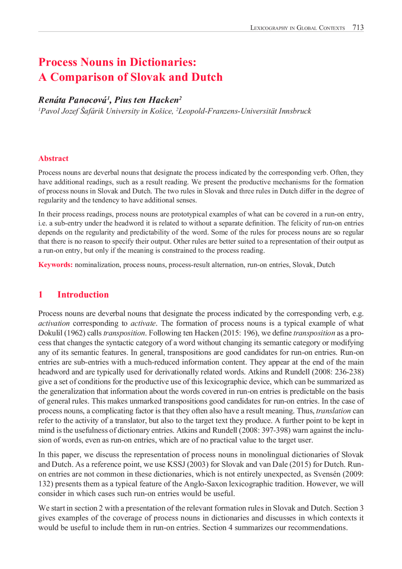 Process Nouns in Dictionaries: A Comparison of Slovak and Dutch - Docsity