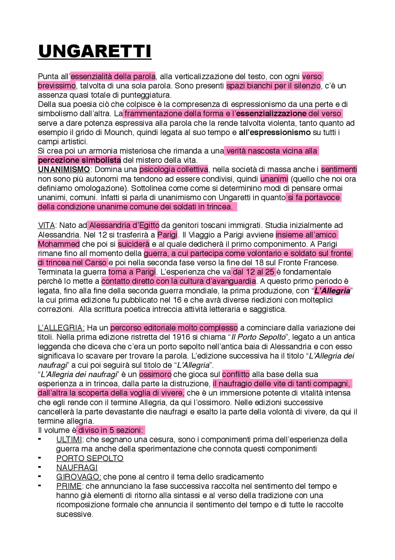 Appunti Su Ungaretti Docsity