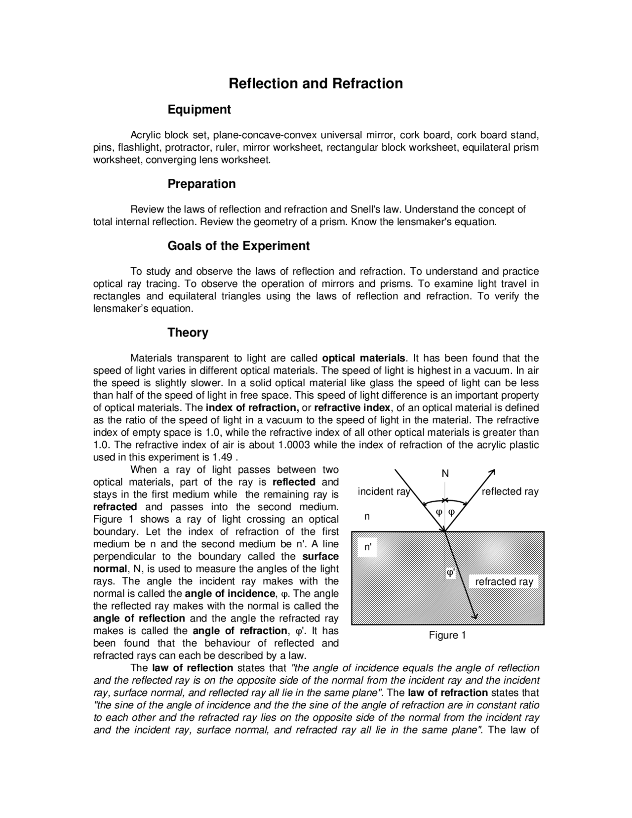 Reflection And Refraction Lab Report Lab Reports Physics Docsity