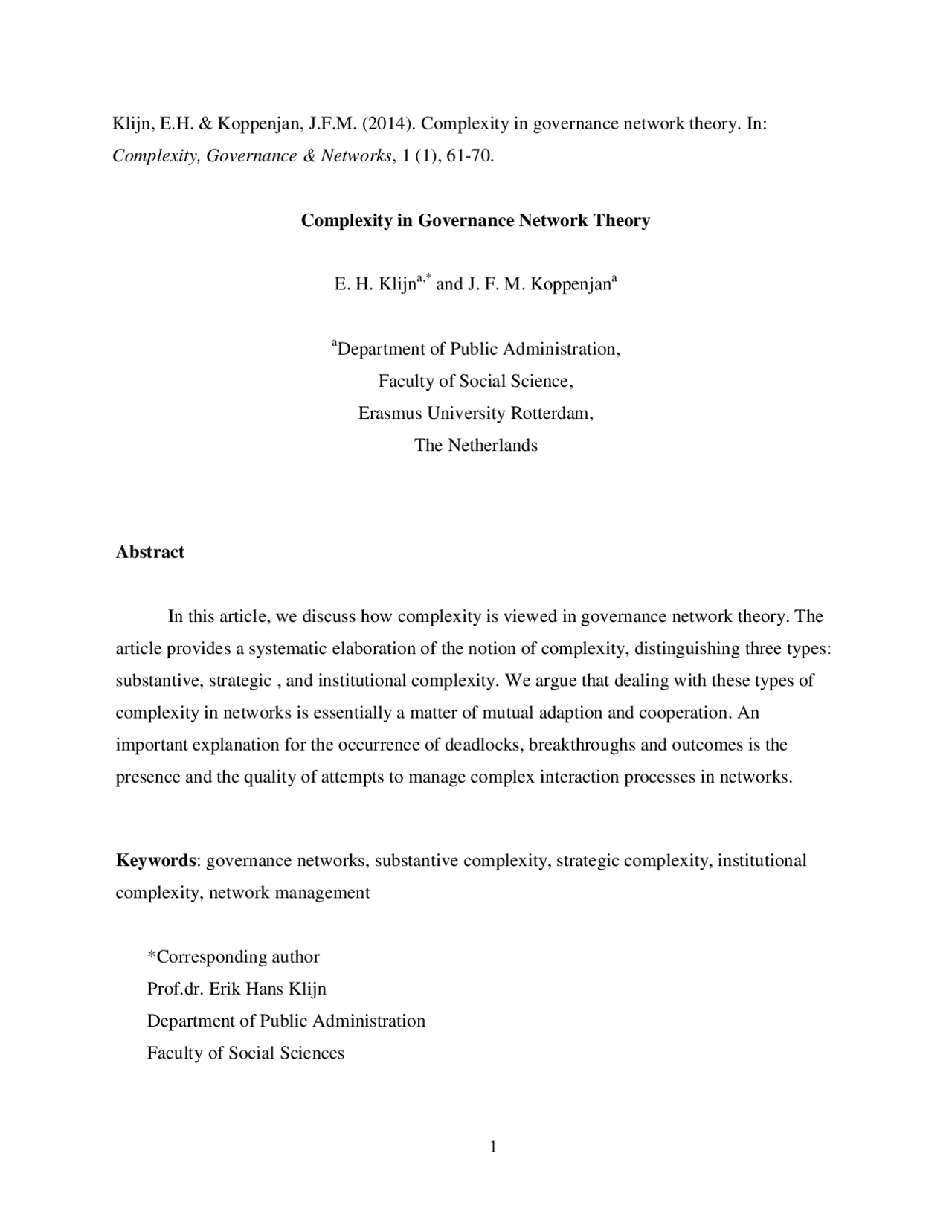 Complexity In Governance Network Theory Publiek Management Essays