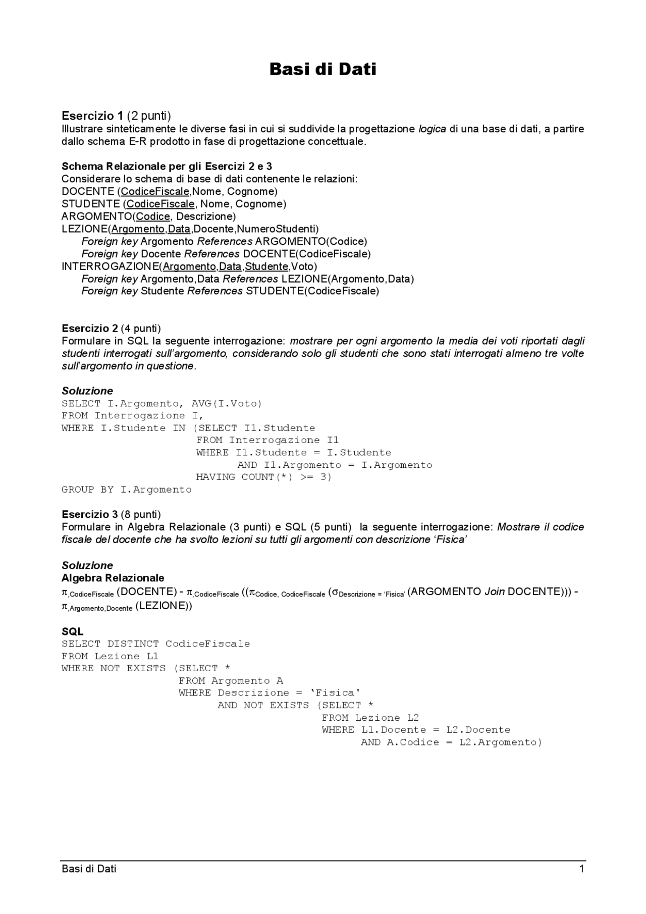 Basi Di Dati Esercizi Svolti Esercizi Di Database Relazionali Docsity