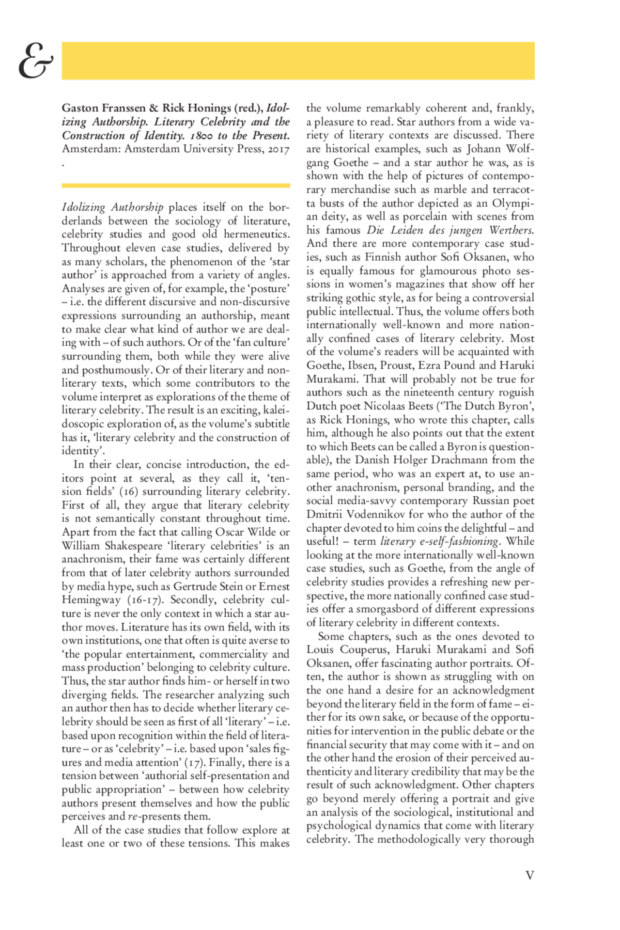 Idolizing Authorship. Literary Celebrity and the Construction of ...