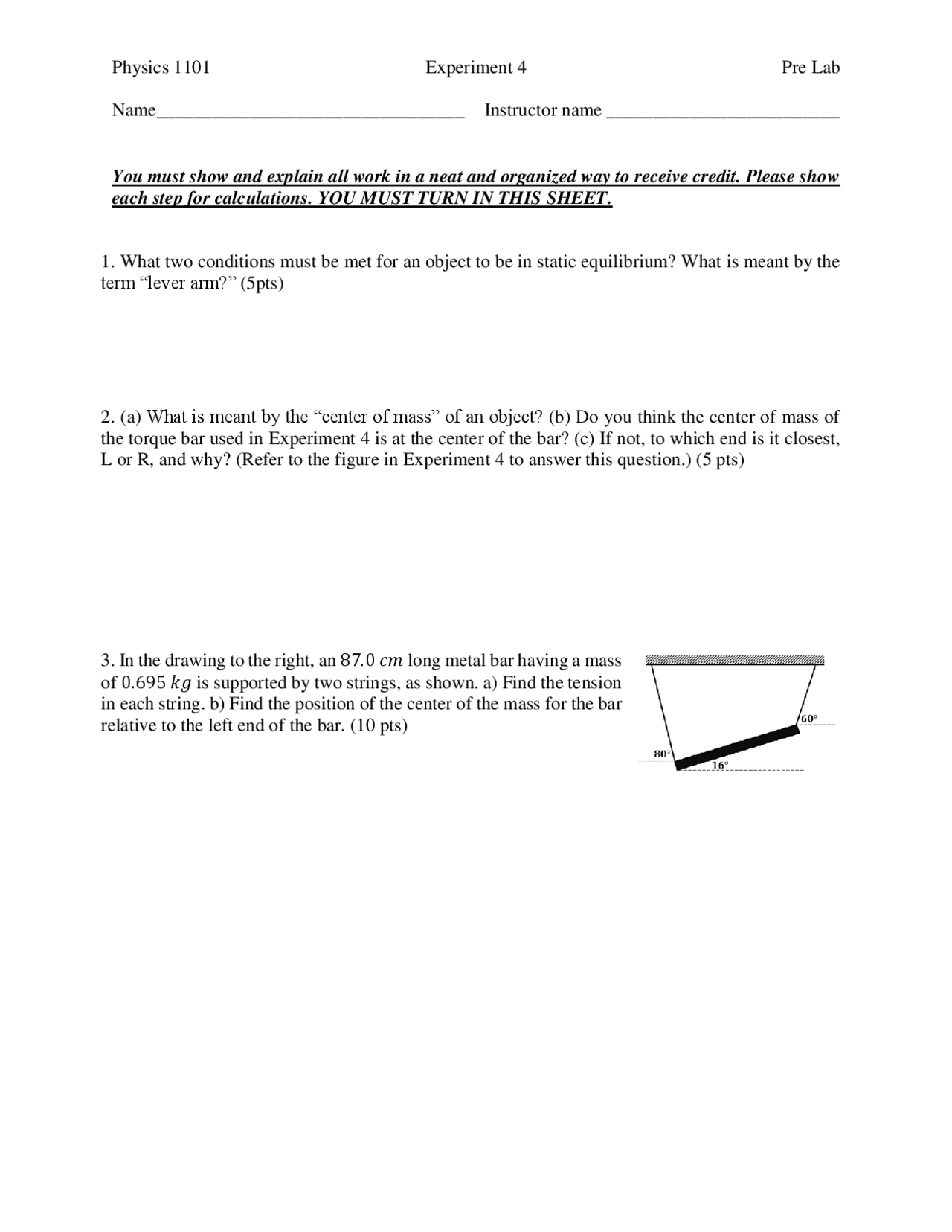 Physics Pre Lab Questions Docsity