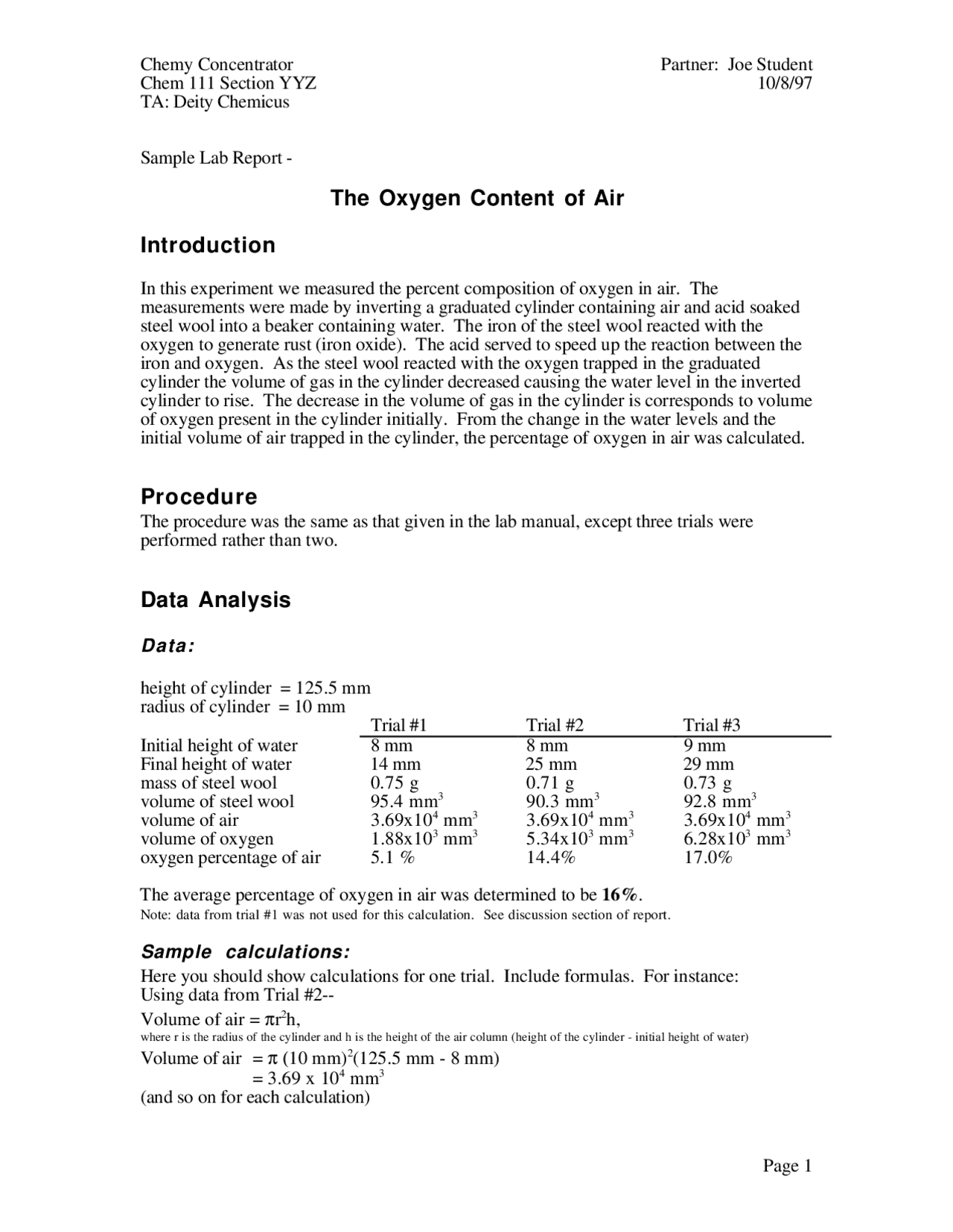 Lab Manual: The Oxygen Content of Air - Docsity