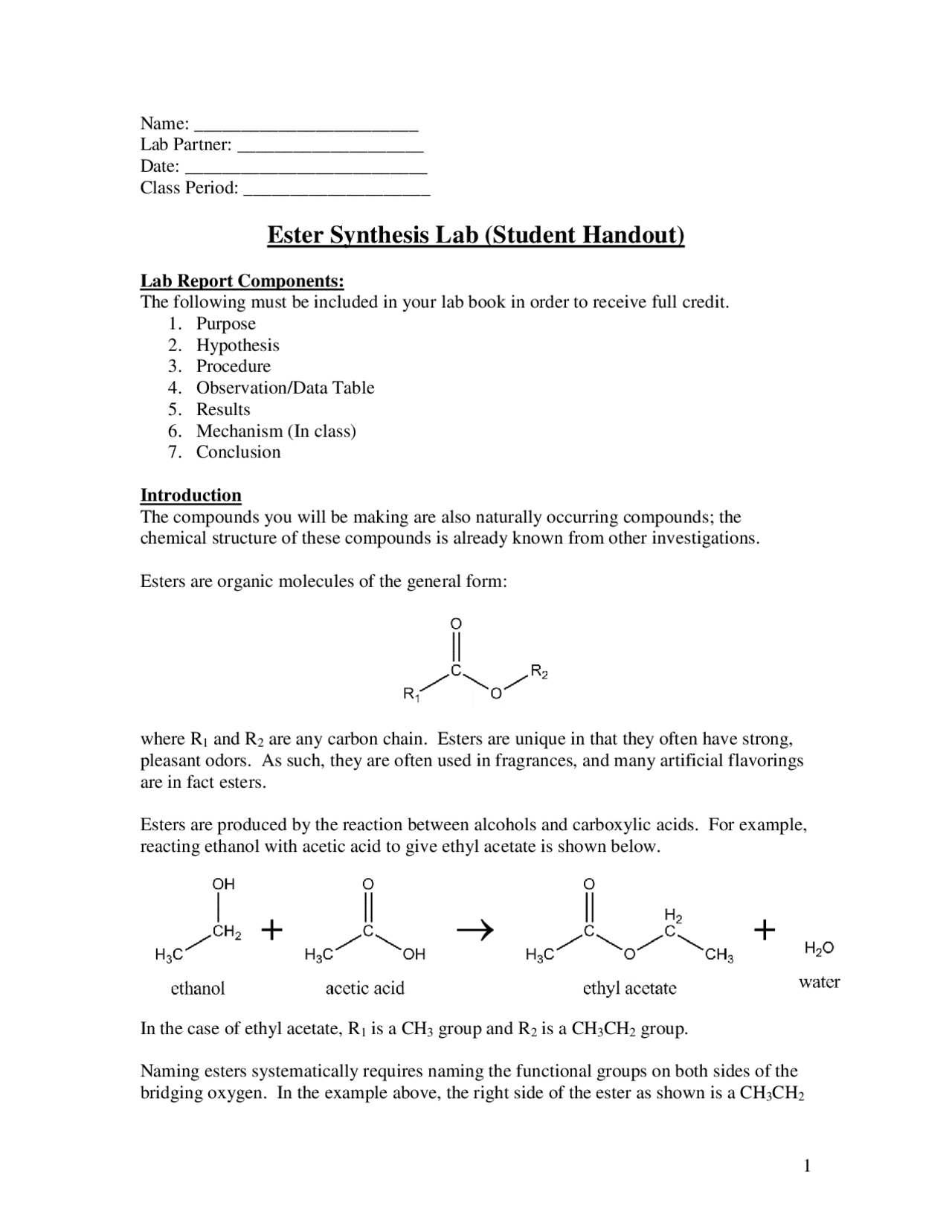 Ester Synthesis Lab | Lab Reports Chemistry | Docsity